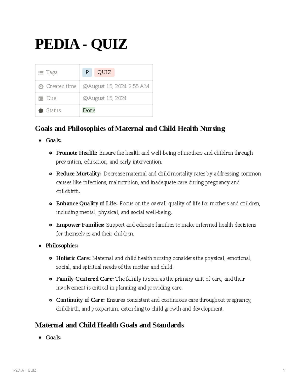 Pediatrics Lecture - PEDIA - QUIZ Tags P QUIZ Created time Due Status ...