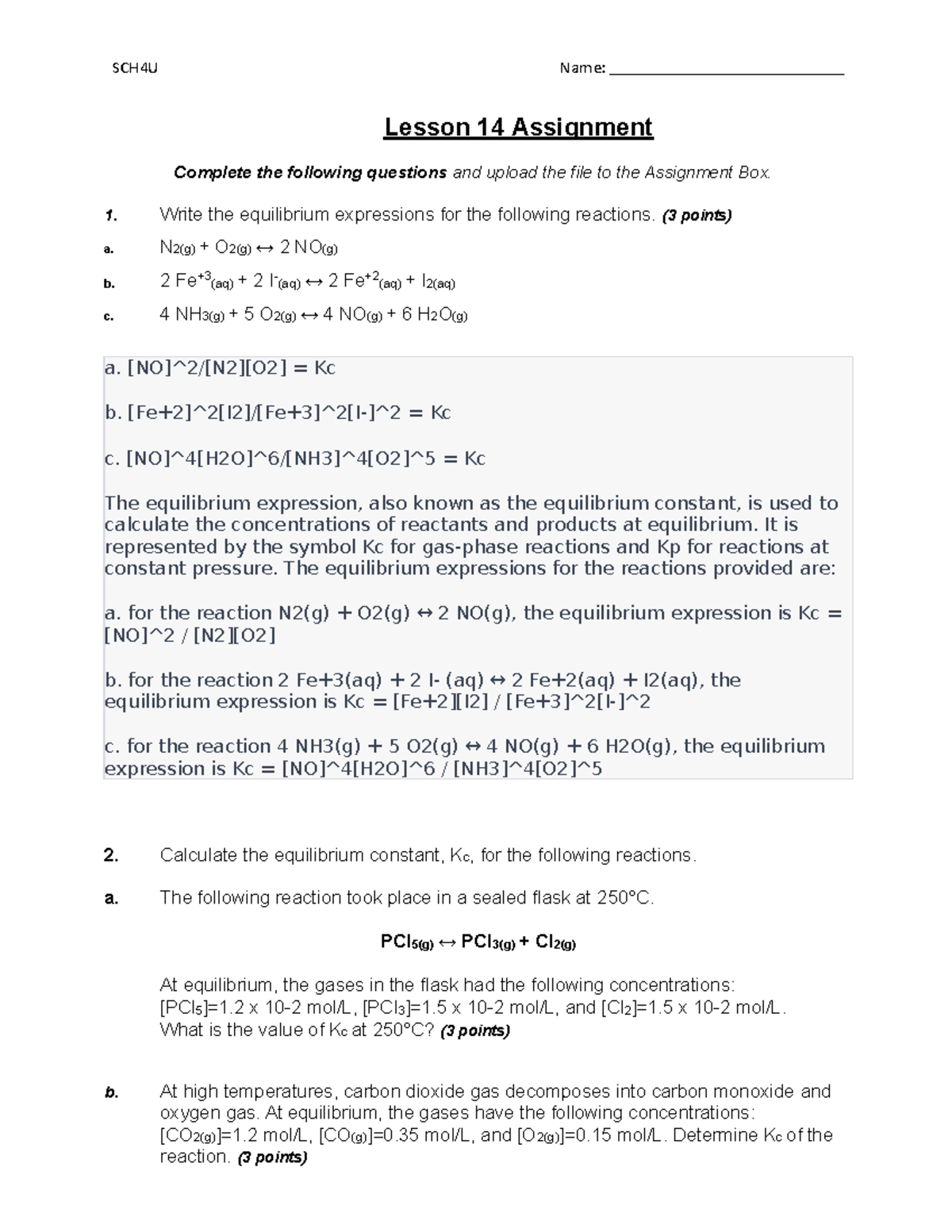 Lesson 14Worksheet - hello - SCH4U Name: Lesson 14 Assignment Complete ...