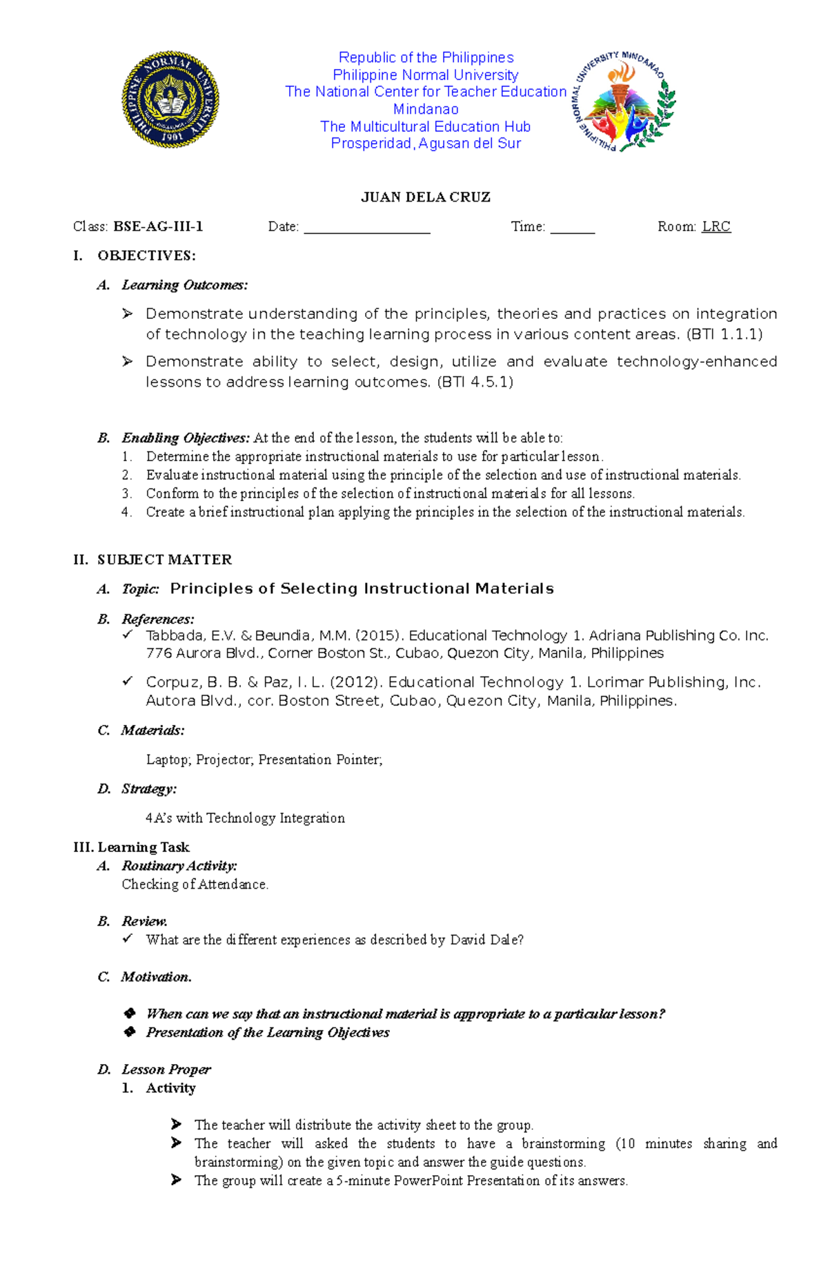 Lesson Plan Format - Republic of the Philippines Philippine Normal ...