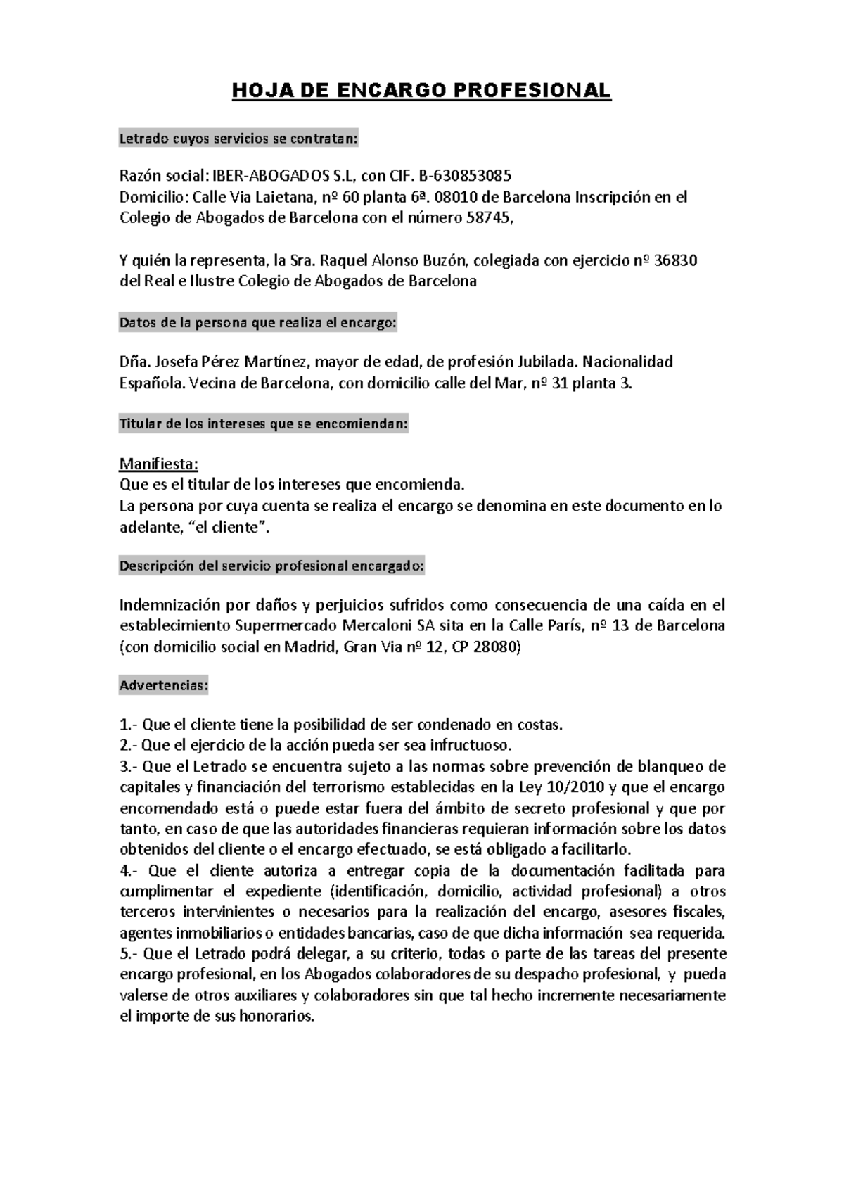 Encargo Profesional - HOJA DE ENCARGO PROFESIONAL Letrado cuyos ...
