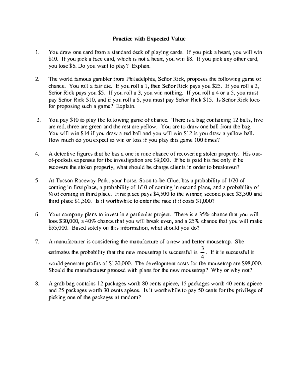 Expected Value Practice with Solutions - Practice with Expected Value ...