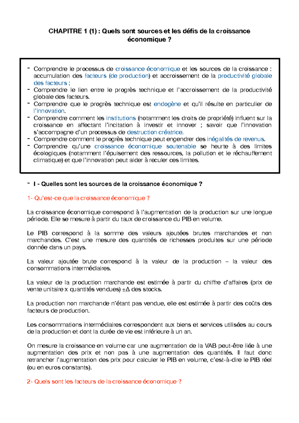 Fiches ses chap 1 : croissance éco - CHAPITRE 1 (1) : Quels sont sources et les défis de la ...
