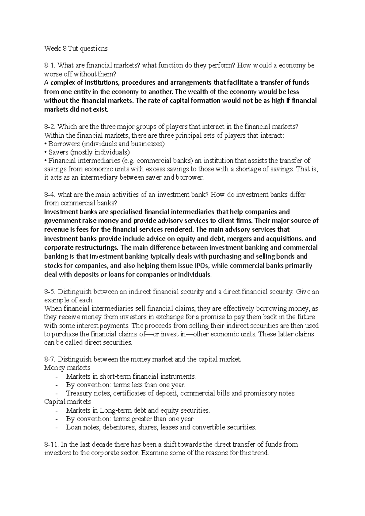 Week 8 Tut questions - Week 8 Tut questions 8-1. What are financial ...