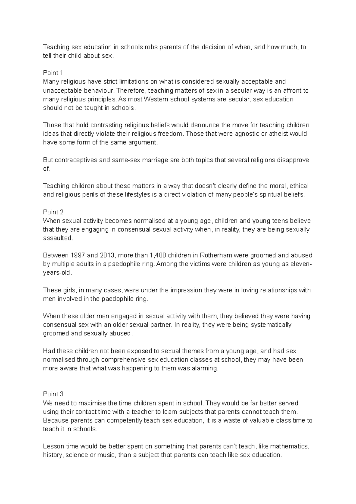 Assignment ELC501 panel 3 - Teaching sex education in schools robs ...