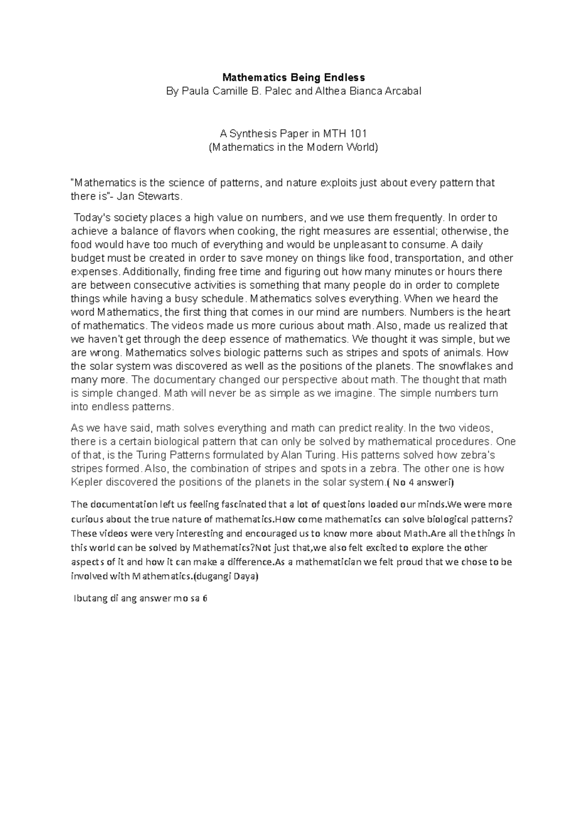 Synthesis Mathematics Being Endless By Paula Camille B Palec And Althea Bianca Arcabal A