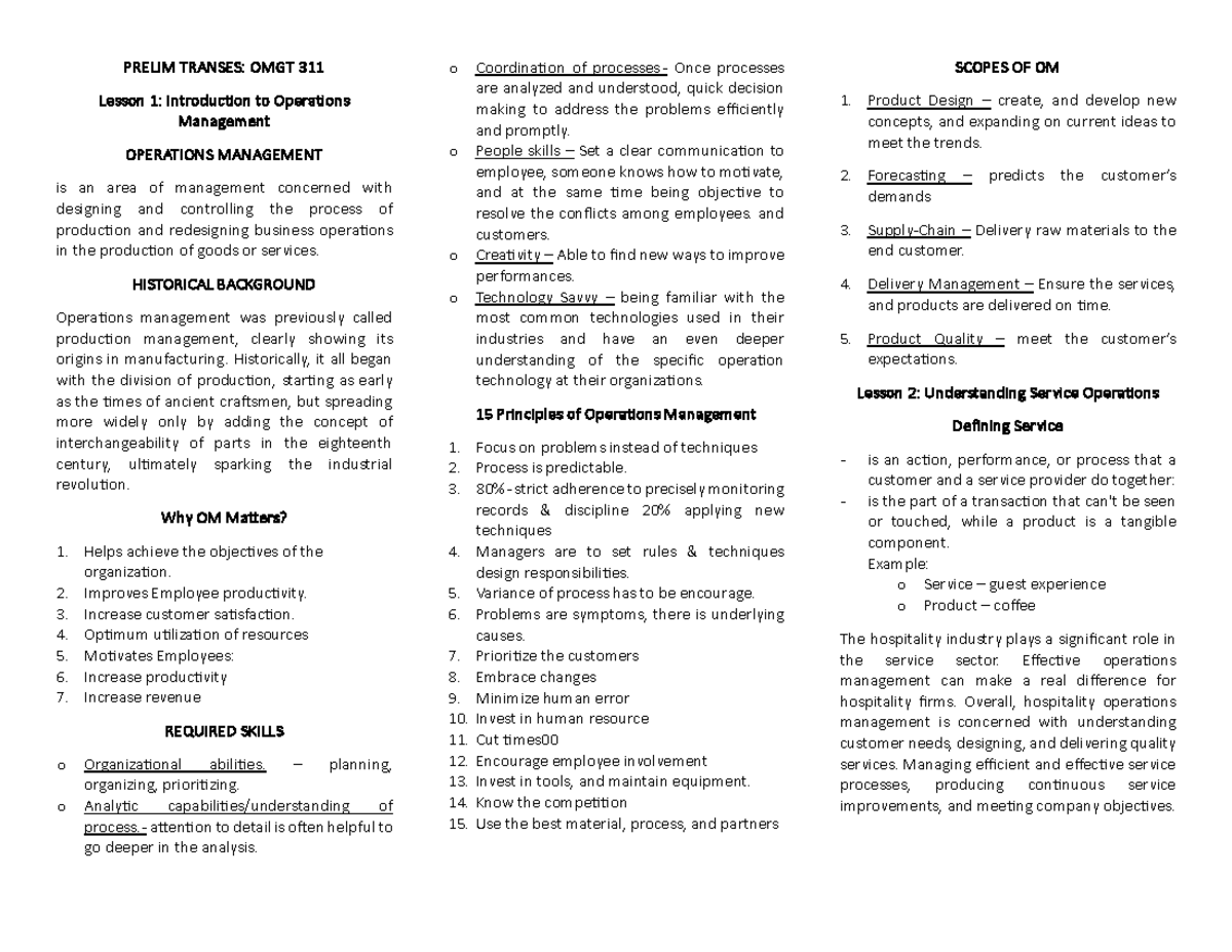 Prelim Transes OMGT 311 - PRELIM TRANSES: OMGT 311 Lesson 1: Introduction to Operations ...