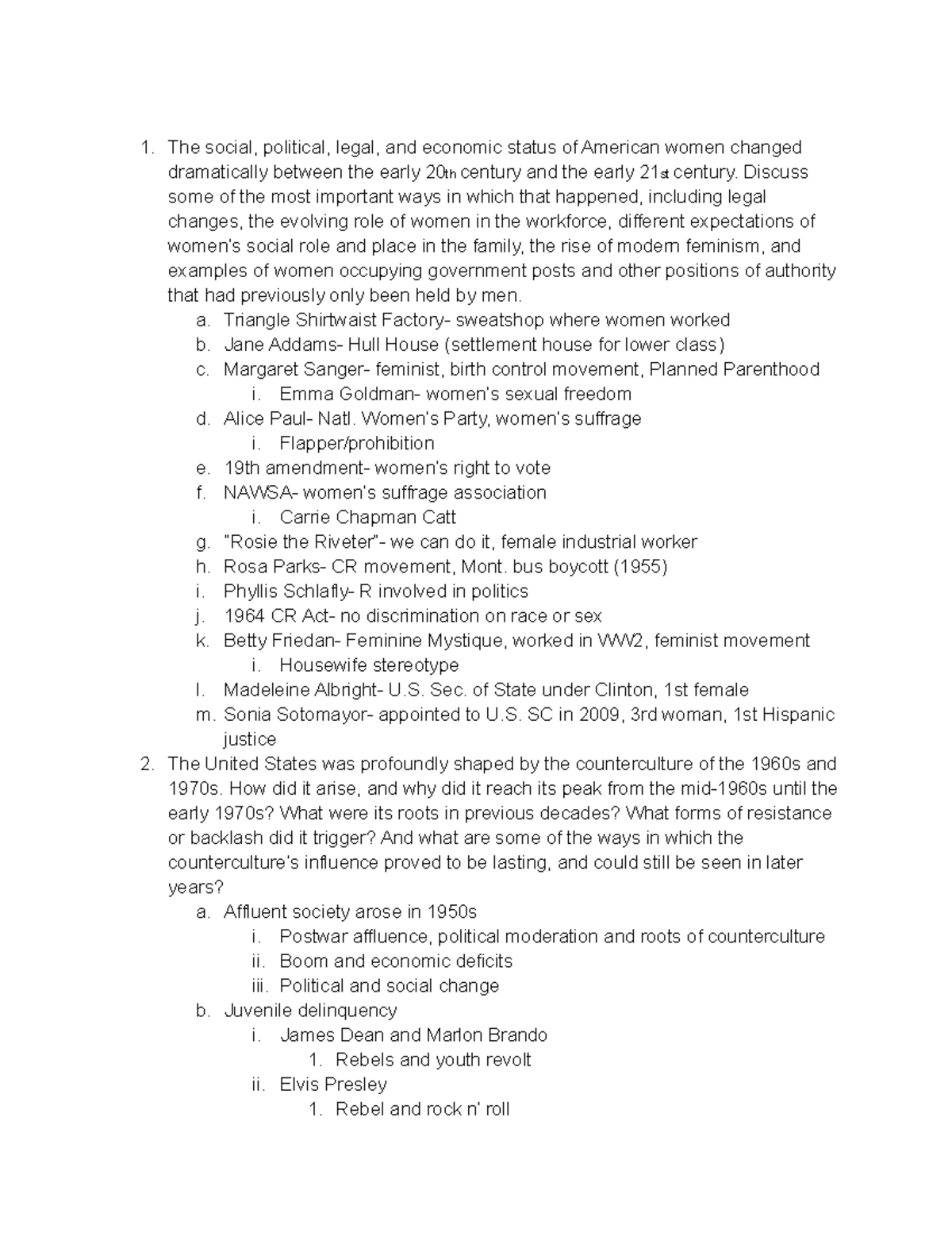 Hist. 1200 Final Essays - 1. The social, political, legal, and economic ...