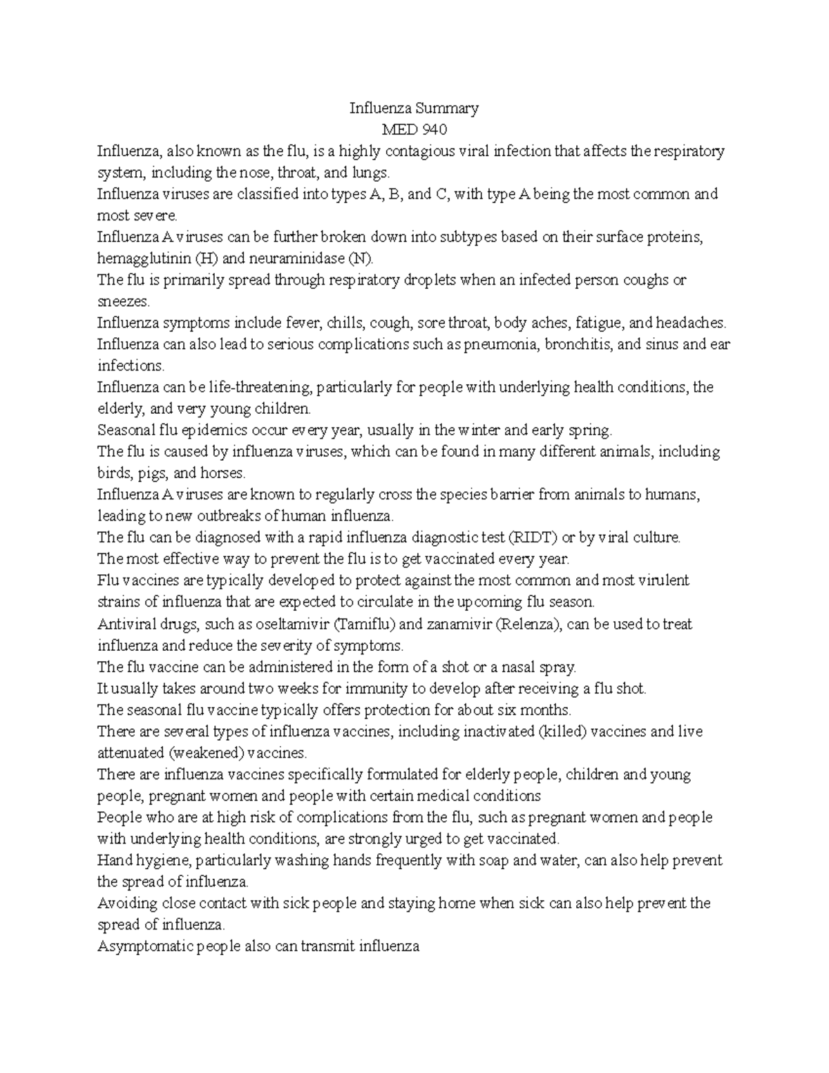 Influenza Summary - Influenza Summary MED 940 Influenza, also known as ...