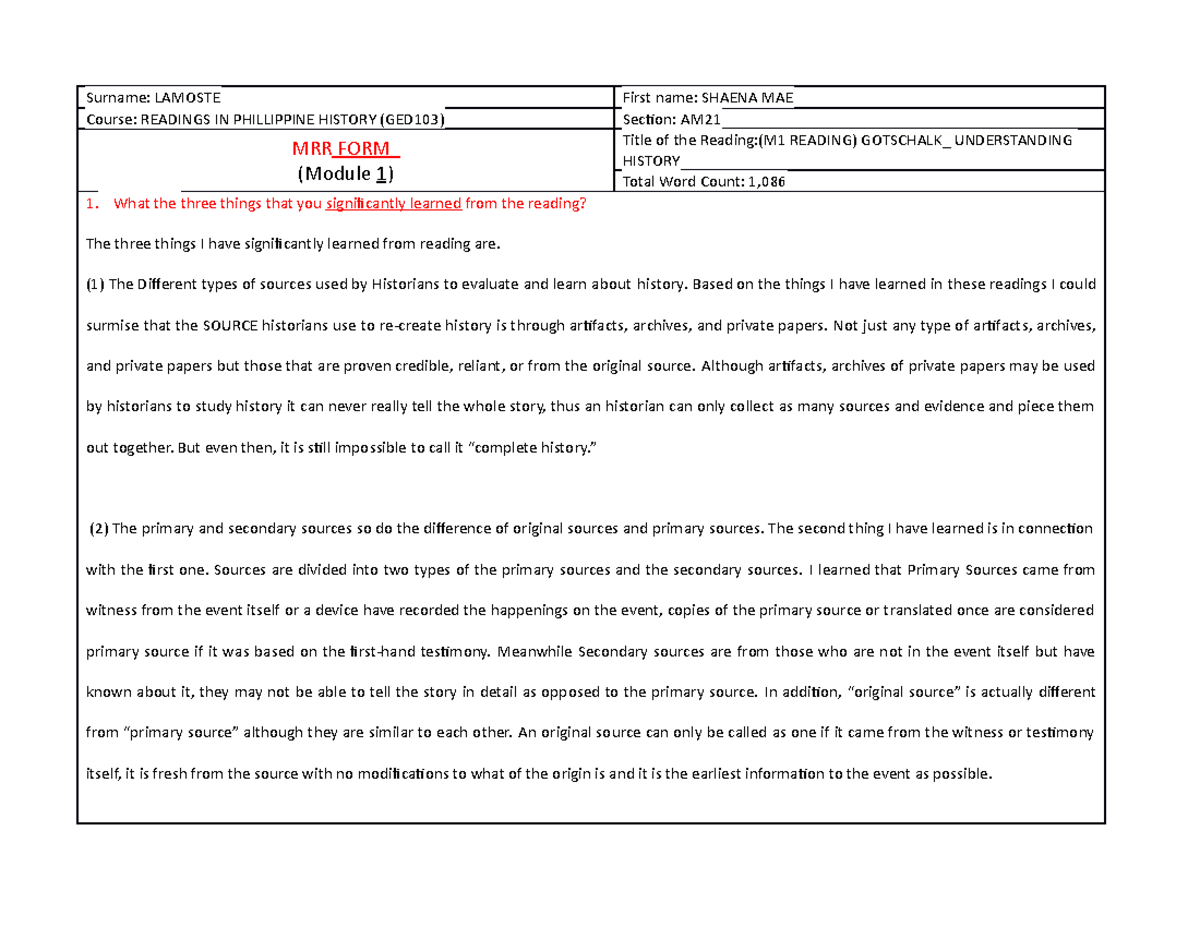 GED103 (MRR Form) - n/a - Surname: LAMOSTE First name: SHAENA MAE ...