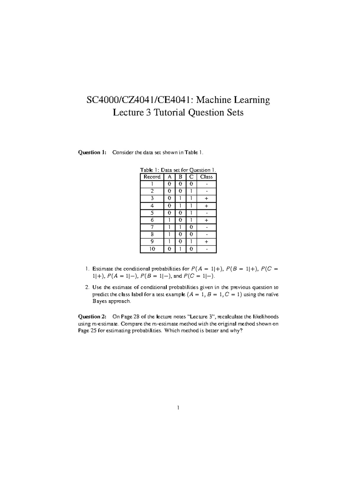 SC4000 L3 tut questions - SC4000/CZ4041/CE4041: Machine Learning Lecture 3 Tutorial Question ...
