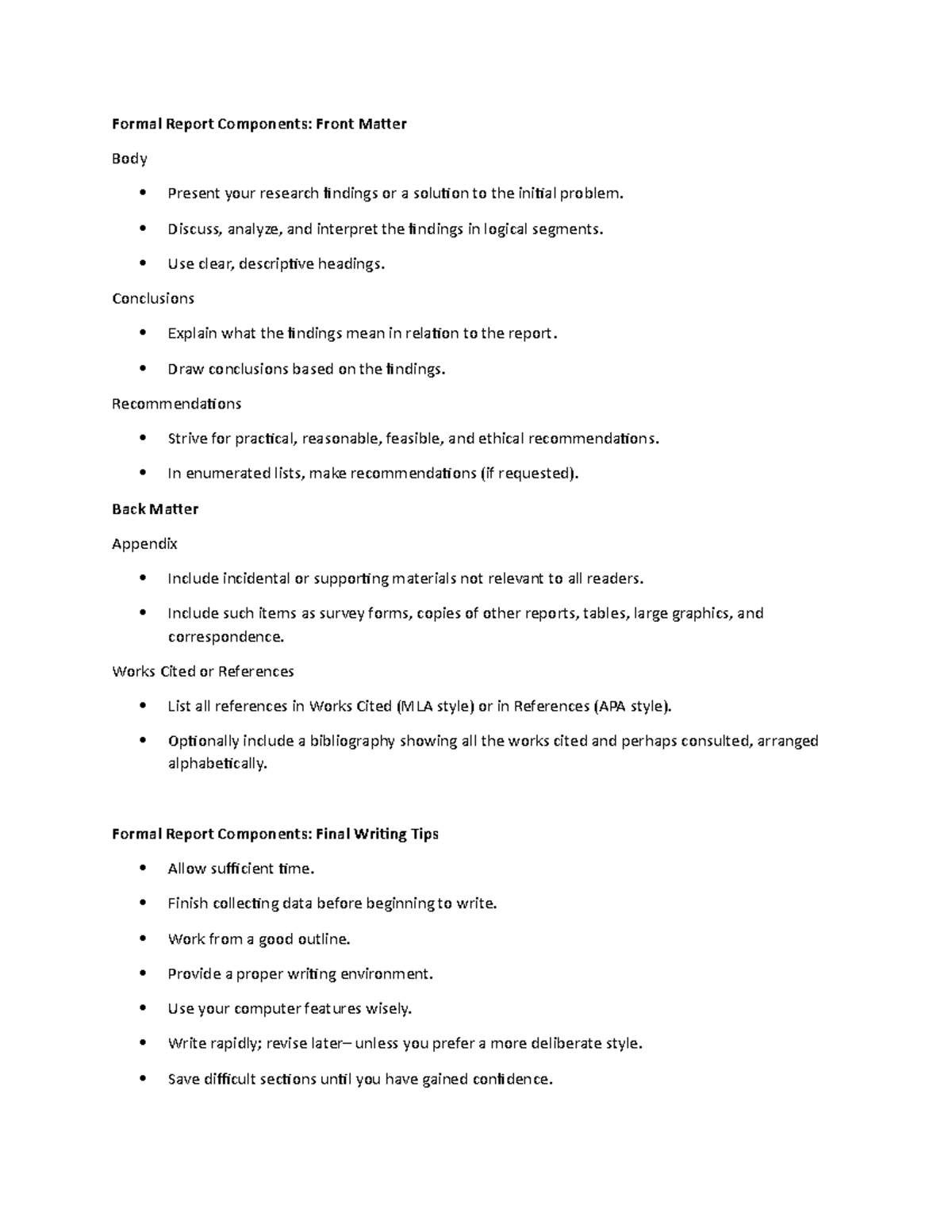 Lecture Notes 11 - Formal Report Components: Front Matter Body Present ...