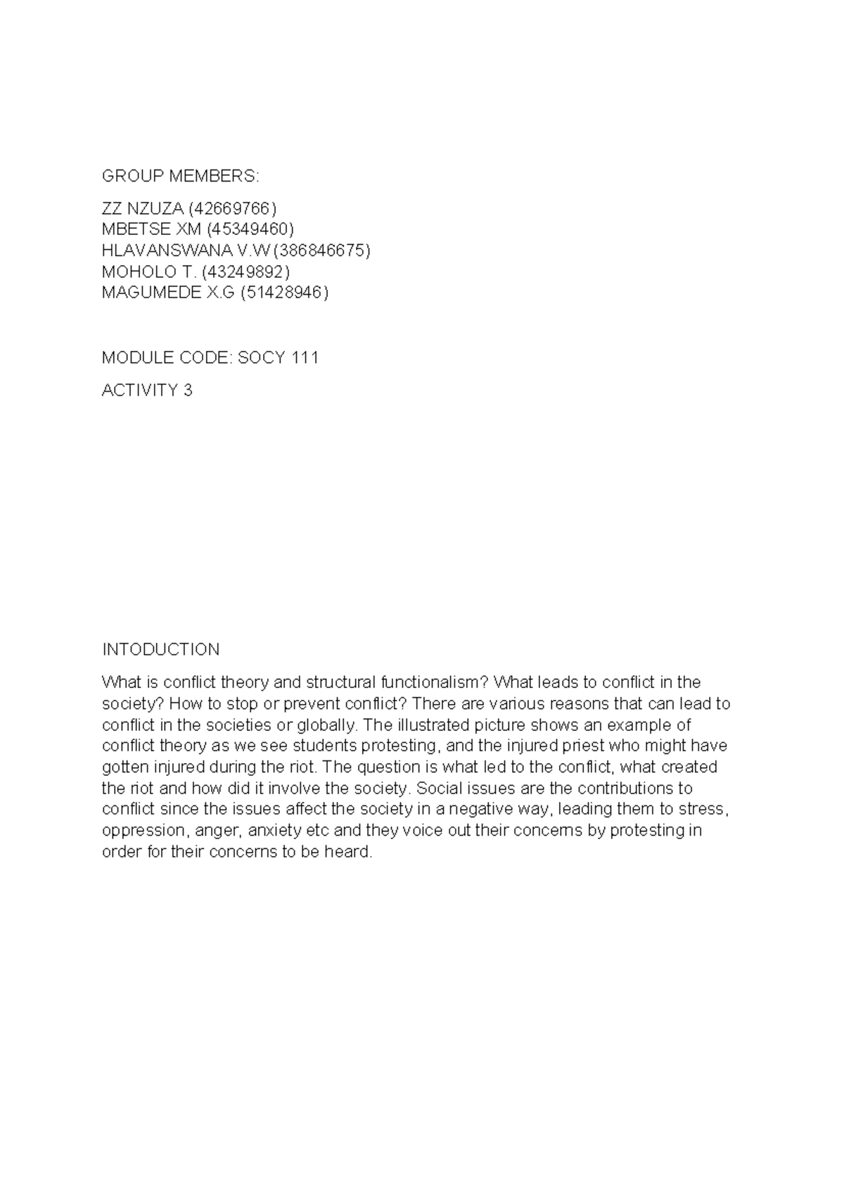 Activity 3 socy 111 - Summary Sociology - GROUP MEMBERS: ZZ NZUZA ...