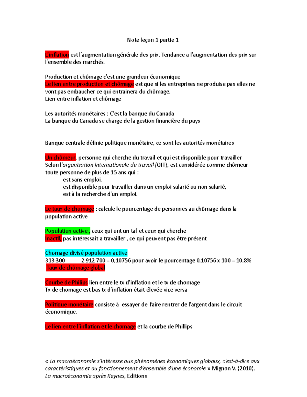 Note semaine 1 - Note de cours - Note leçon 1 partie 1 L’inflation est ...