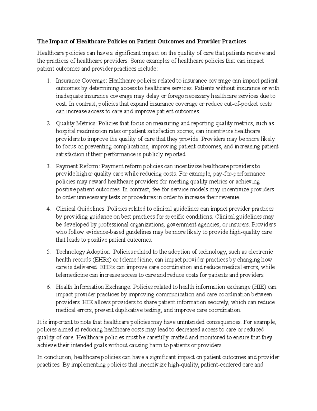 The Impact of Healthcare Policies on Patient Outcomes and Provider ...