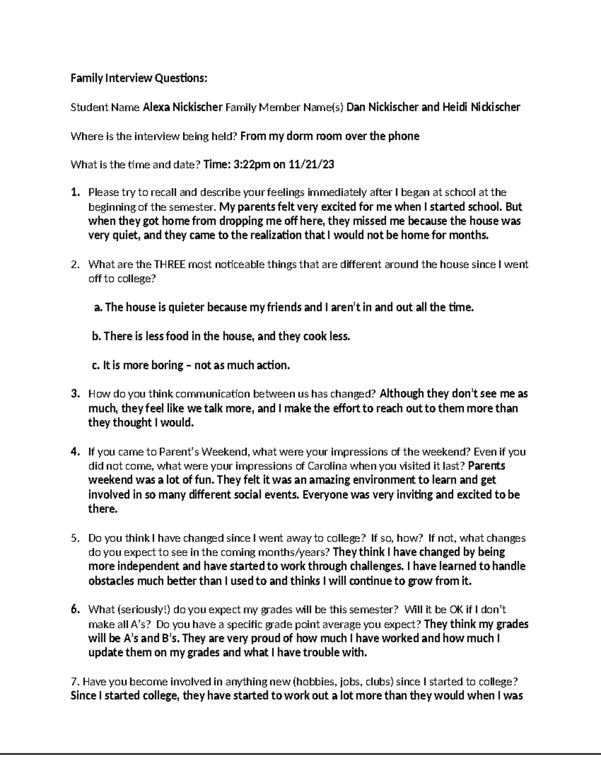 Family interview questions - Family Interview Questions: Student Name ...