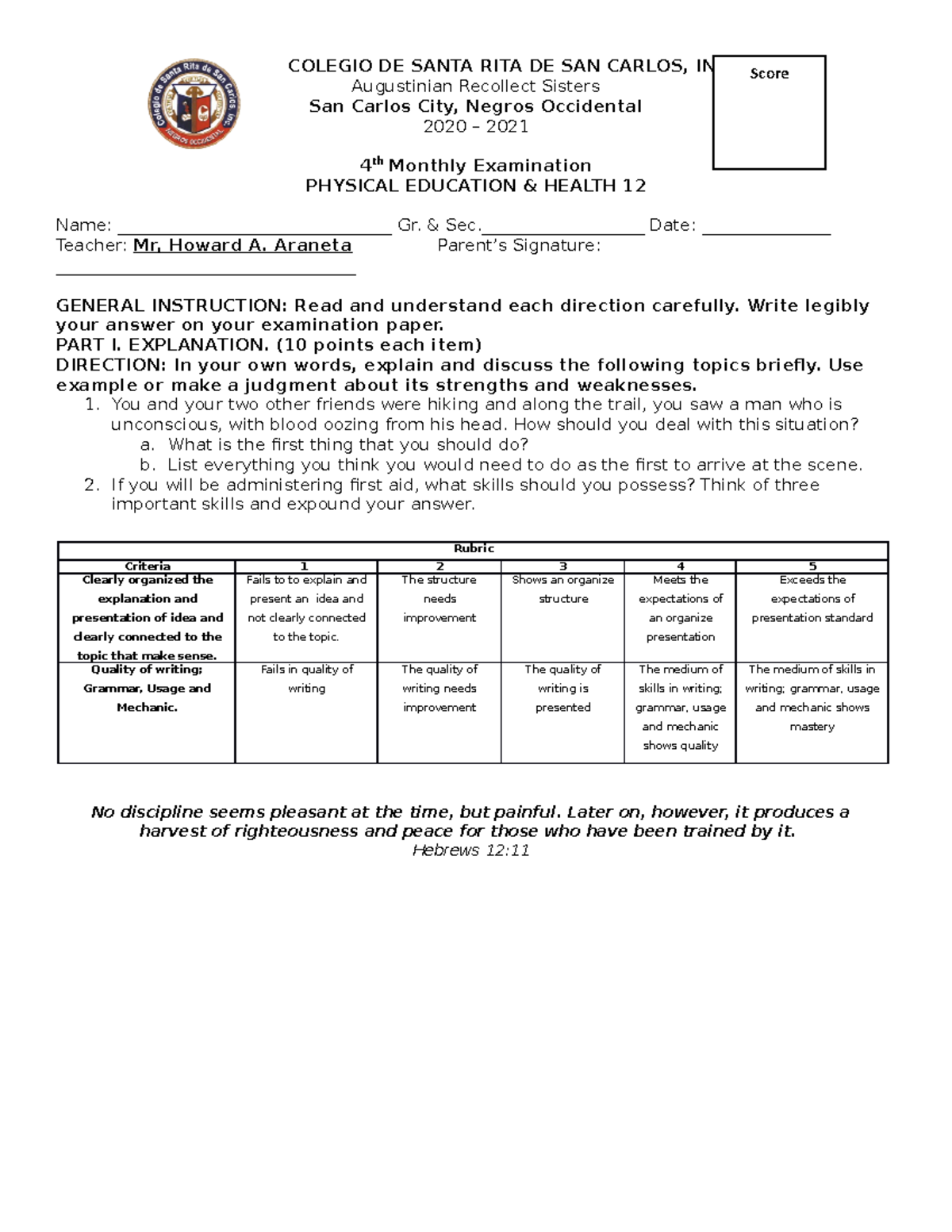 PE Grade 12 8th Examination - COLEGIO DE SANTA RITA DE SAN CARLOS, INC ...