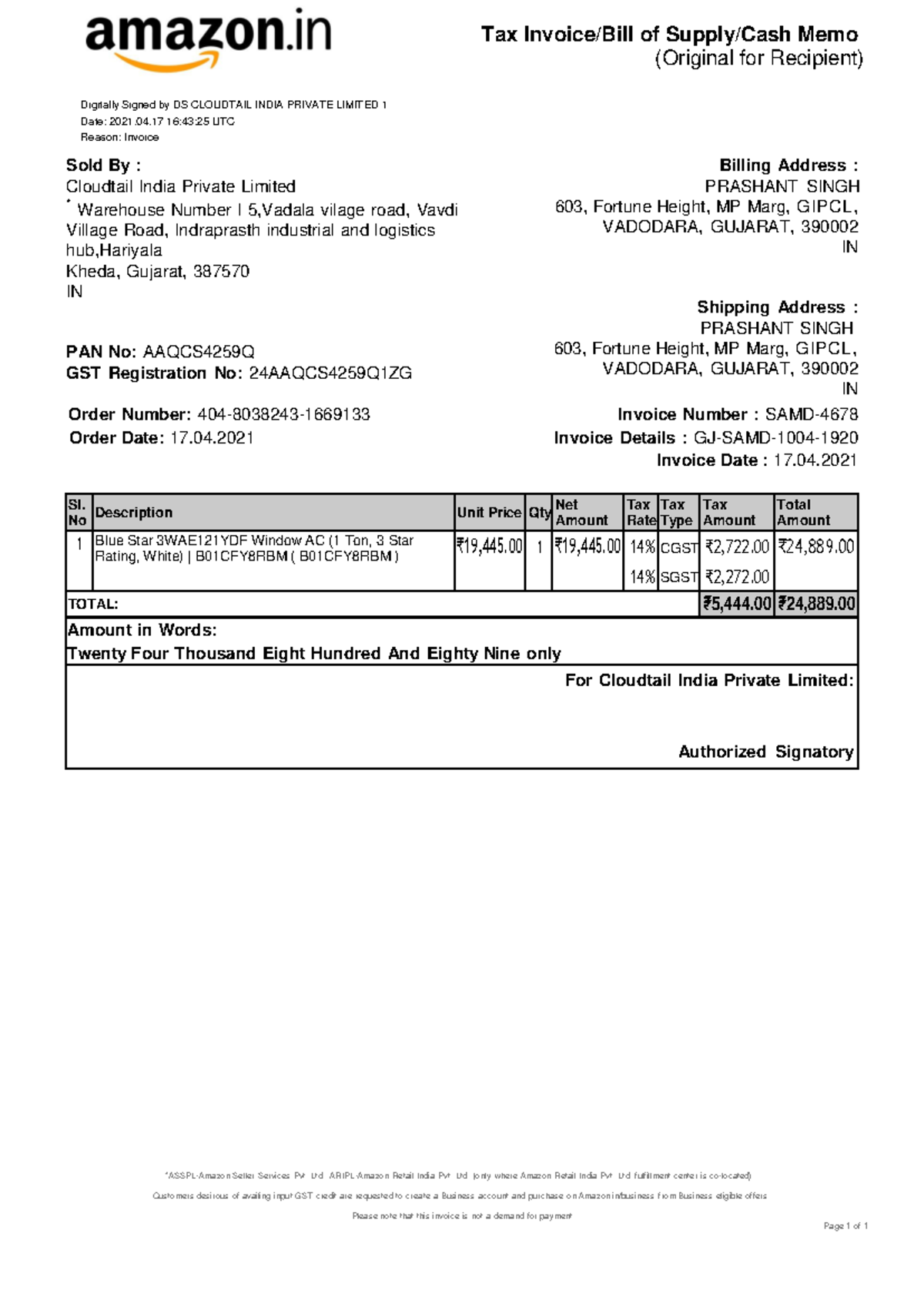 Invoice - Digitally Signed by DS CLOUDTAIL INDIA PRIVATE LIMITED 1 Date ...