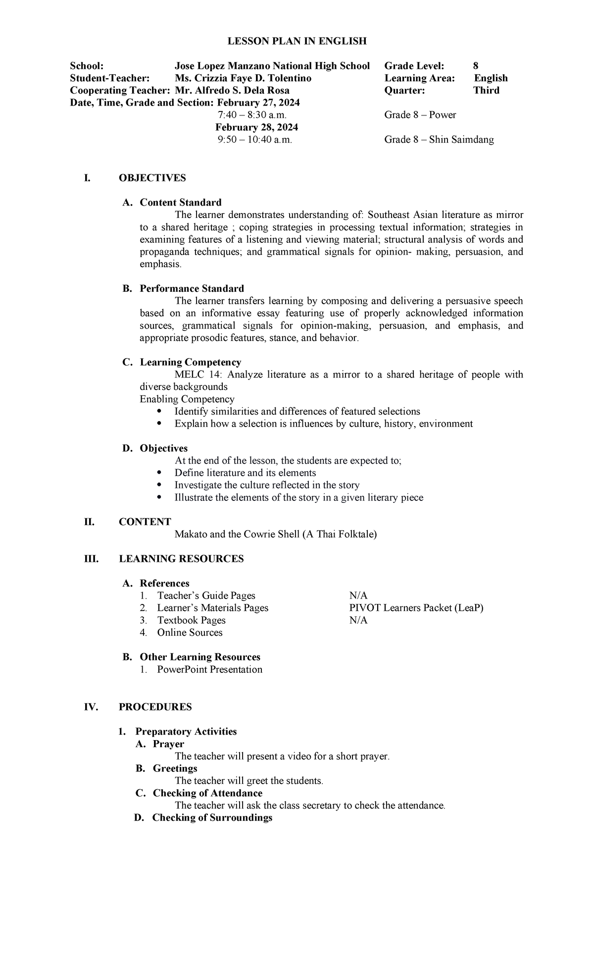 3rd Quarter Week 4- Day 1 - LESSON PLAN IN ENGLISH School: Jose Lopez ...