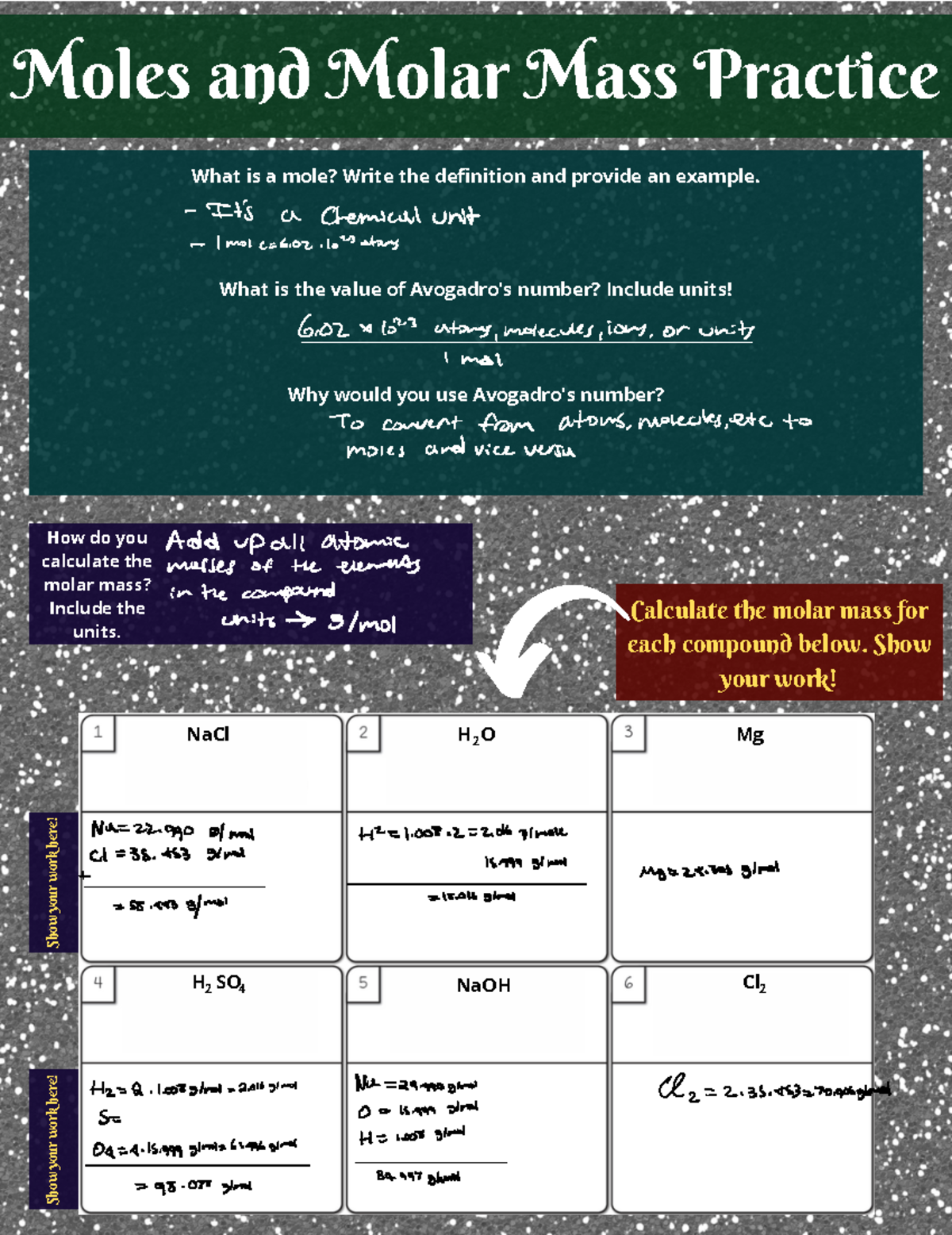 Moles and Molar Mass Practice - Sh ow y ou r w or k he re ! Sh ow y ou ...
