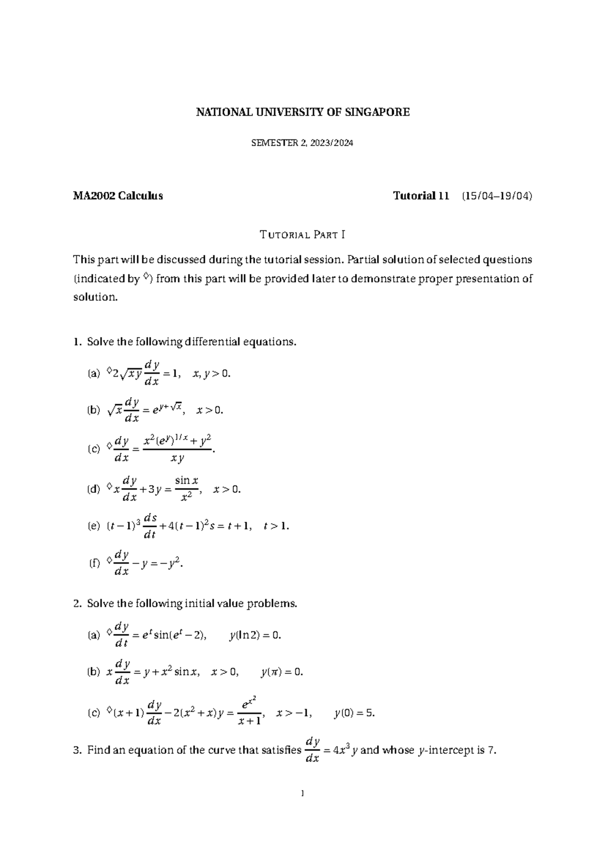 MA2002-Tutorial 11 - Tutorial - NATIONAL UNIVERSITY OF SINGAPORE SEMESTER 2, 2023/ MA2002 ...