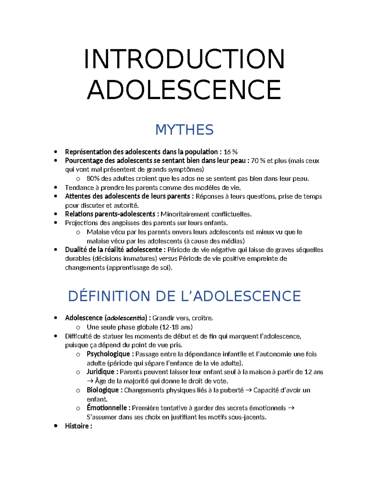 Cours 1 (Introduction à l'Adolescence) - INTRODUCTION ADOLESCENCE MYTHES Représentation des ...