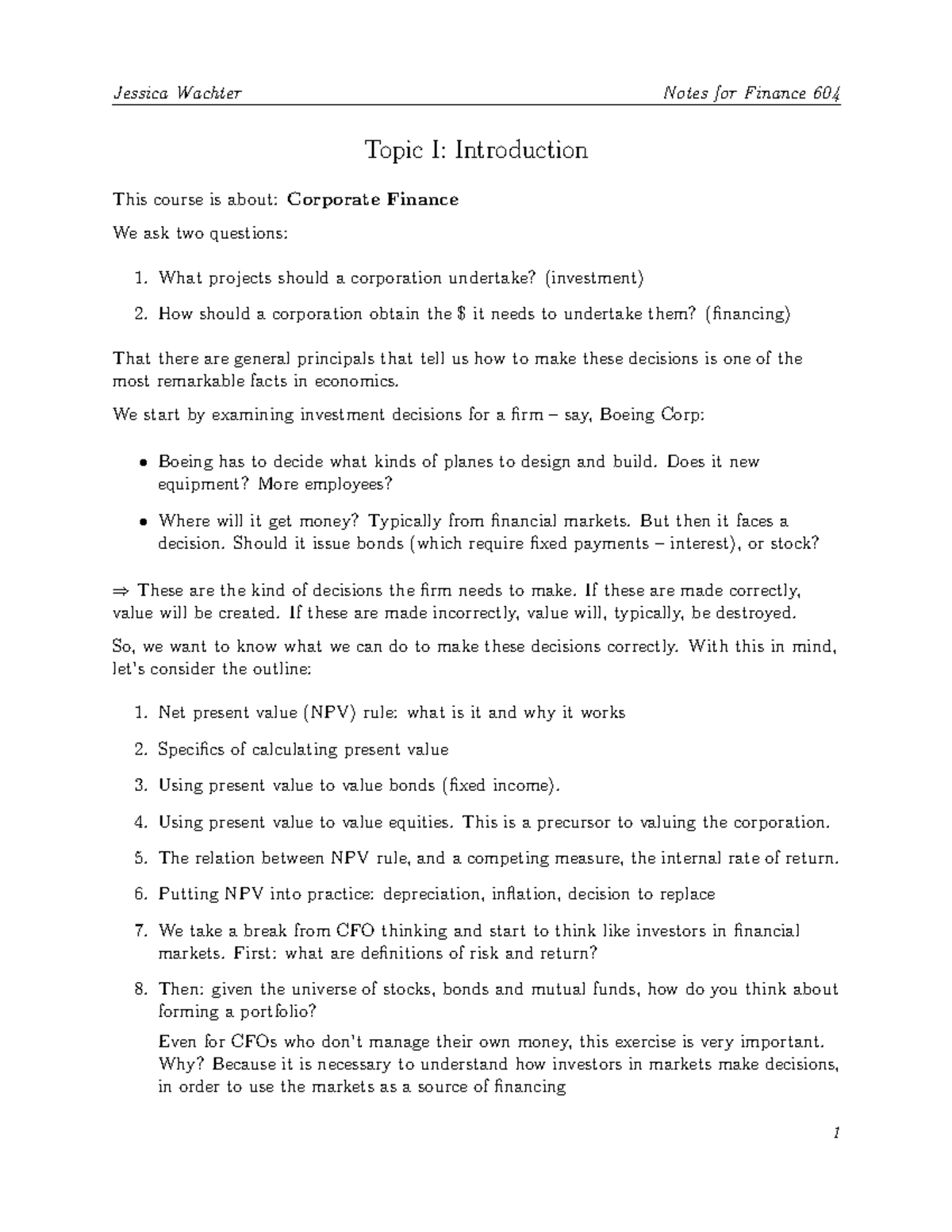 Lecture Notes T 01 Fundamentals of Finance - Topic I: Introduction This ...