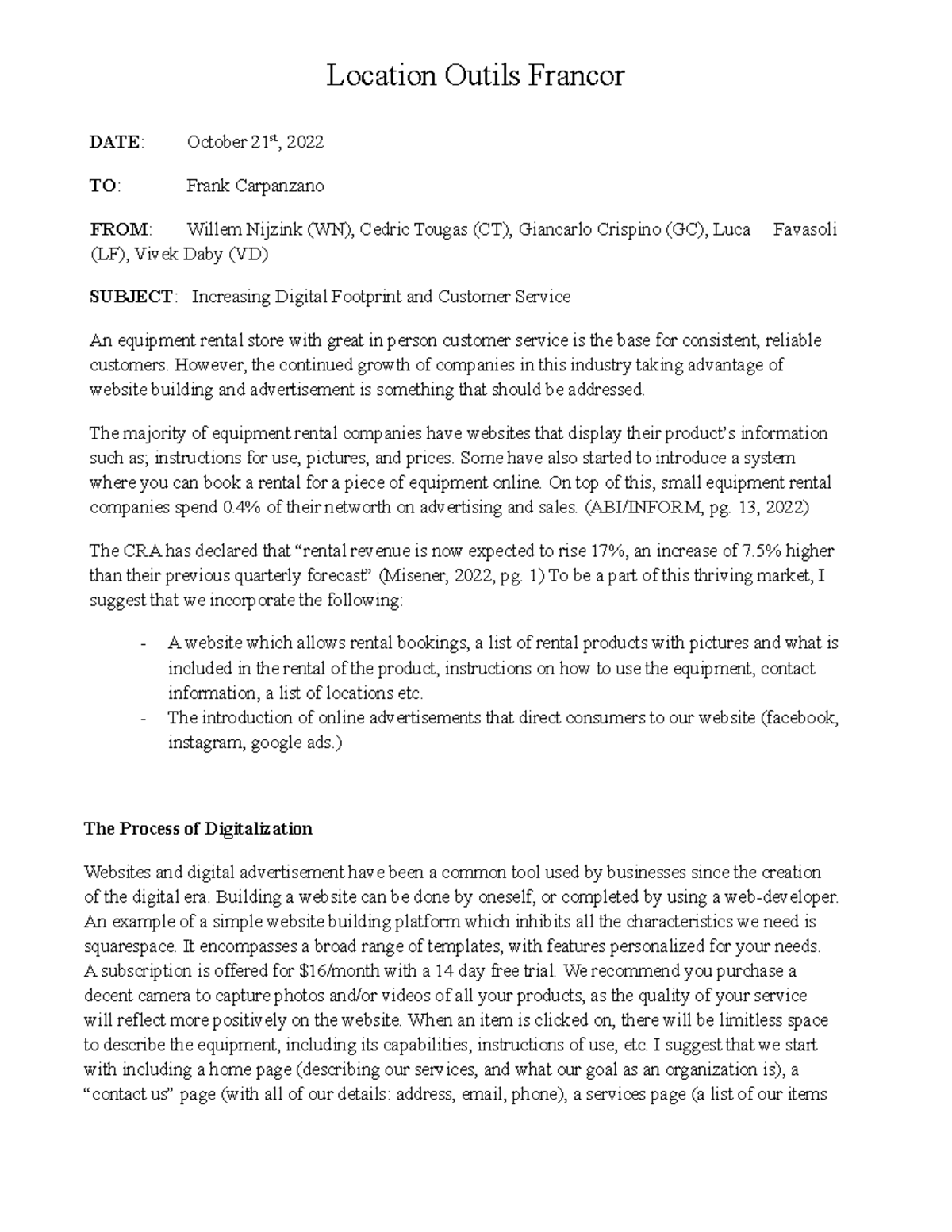 TWO-PAGE Industry Analysis MEMO Report - Location Outils Francor DATE ...