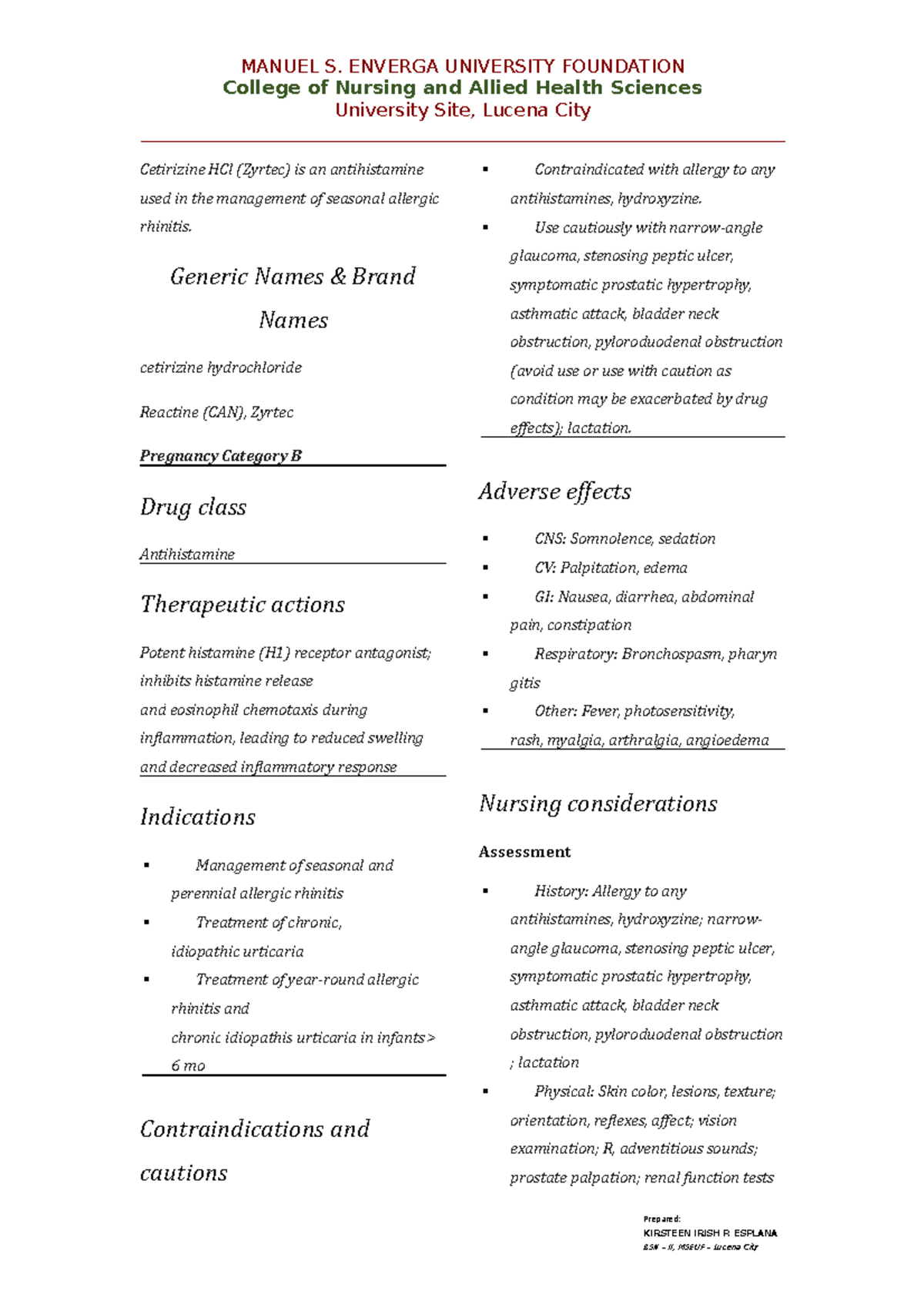 Cetirizine HCl - DRUG Study - MANUEL S. ENVERGA UNIVERSITY FOUNDATION ...