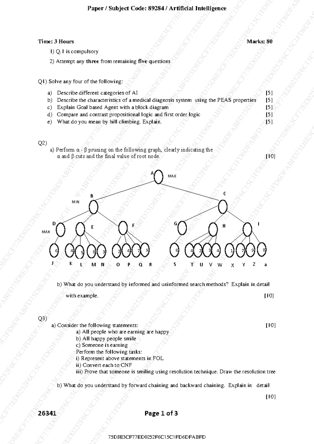 TE COMP SEM6 AI MAY23 - Previous year question paper - 26341 Page 1 of 3 Time: 3 Hours Marks: 80 ...