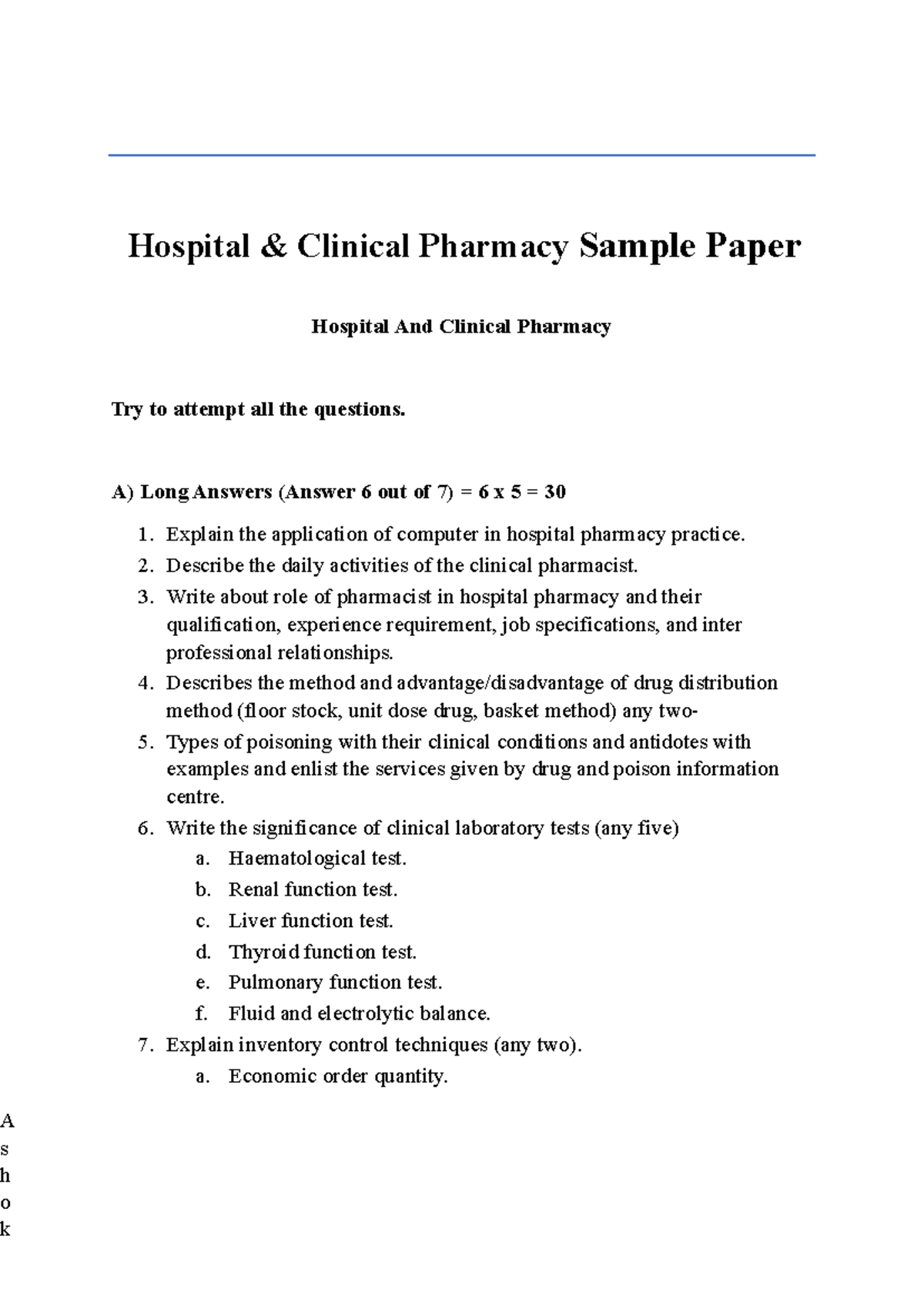 Hcp pre exam 2 - Hospital & Clinical Pharmacy Sample Paper Hospital And ...