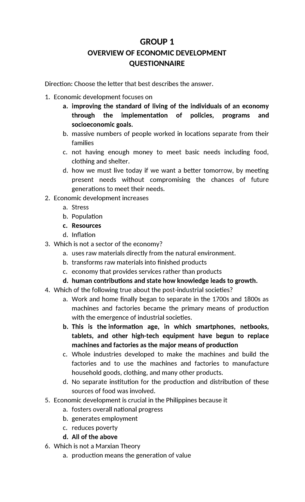 QA-multiple-choice - none - GROUP 1 OVERVIEW OF ECONOMIC DEVELOPMENT ...