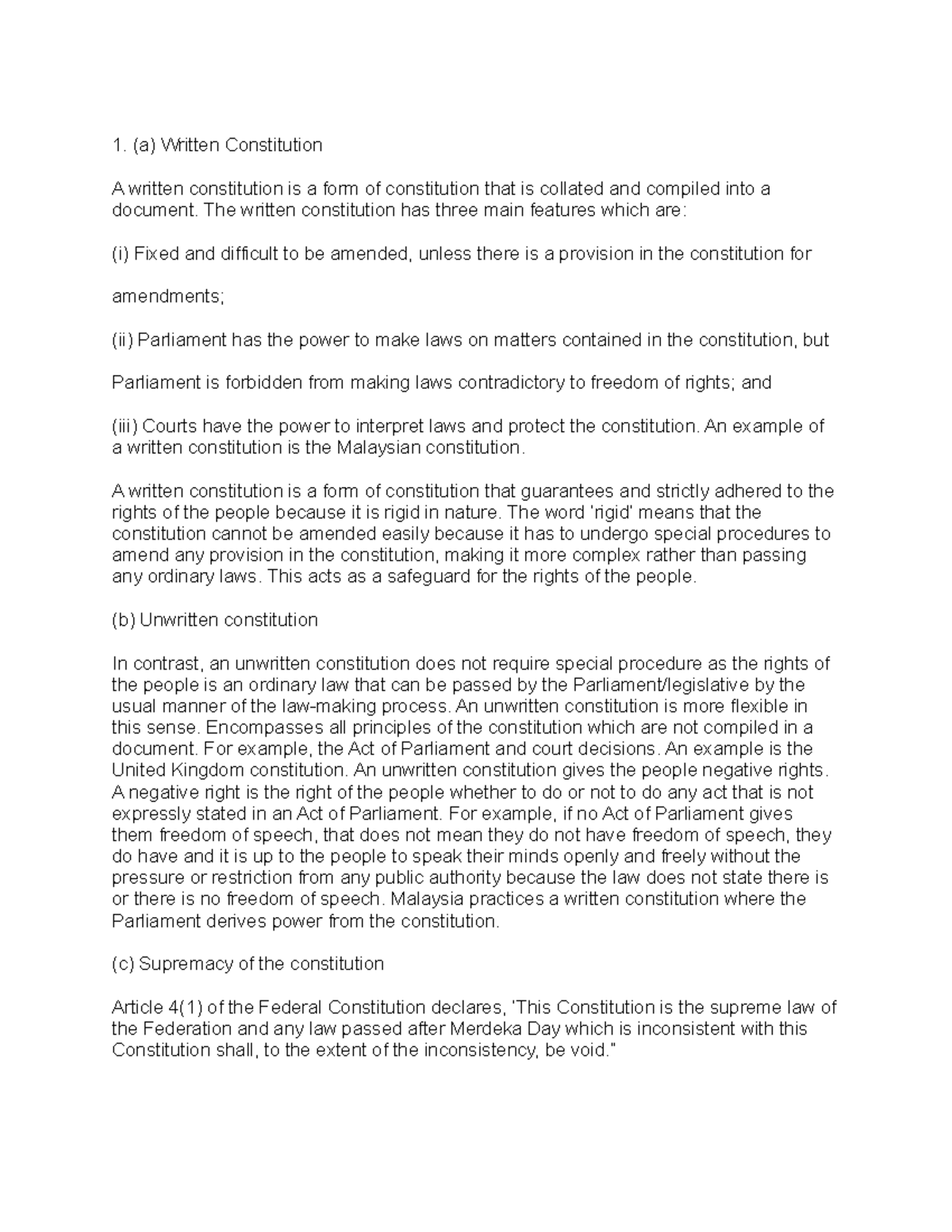 W10-written constutution - (a) Written Constitution A written ...