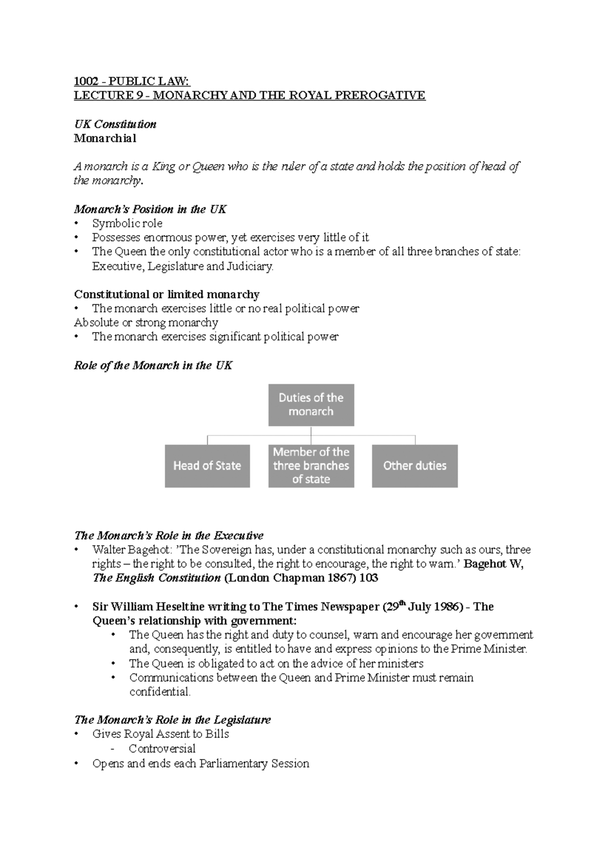 Lecture 9 - Monarchy AND THE Royal Prerogative - 1002 - PUBLIC LAW ...