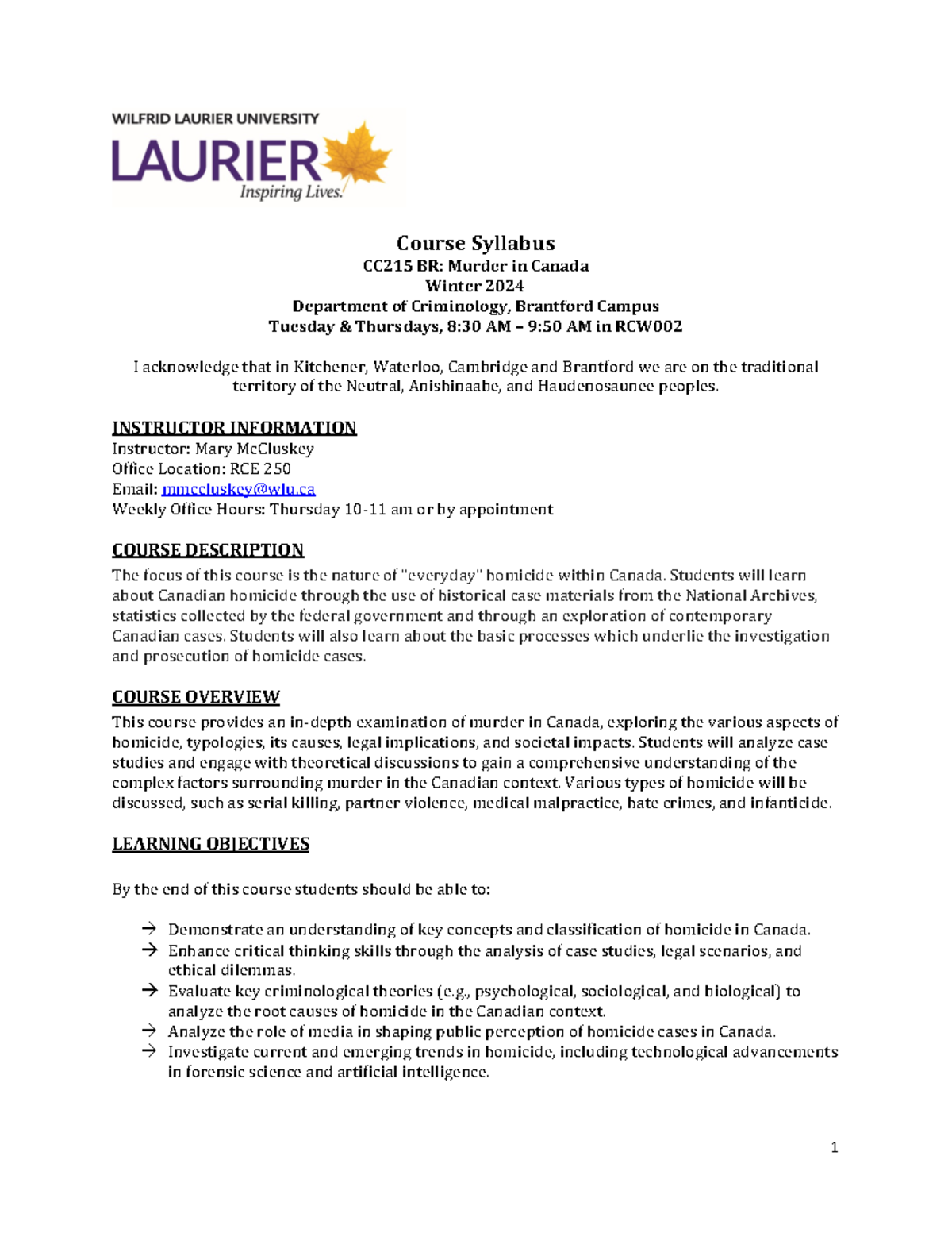 CC215 Syllabus - Course Syllabus CC 215 BR: Murder in Canada Winter ...