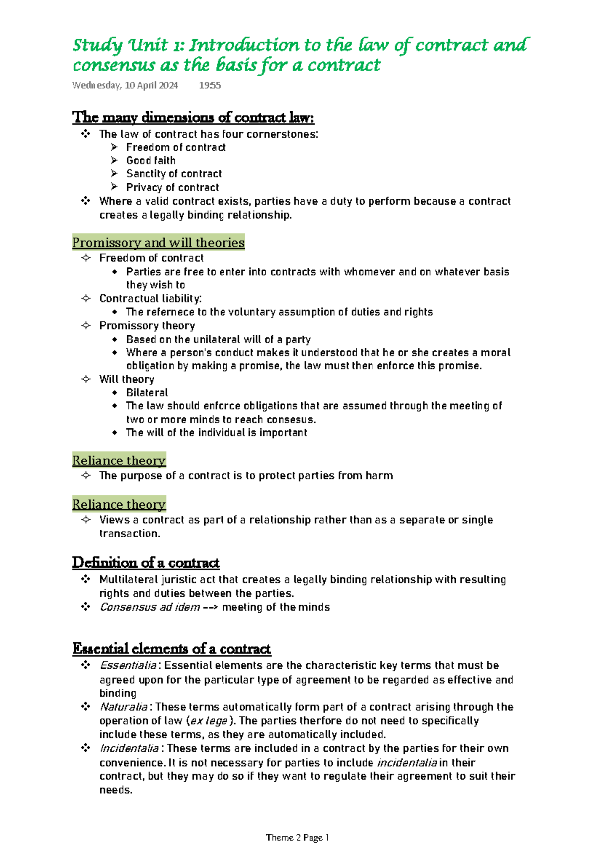 Study Unit 1 Introduction to the law of contract and consensus as the ...
