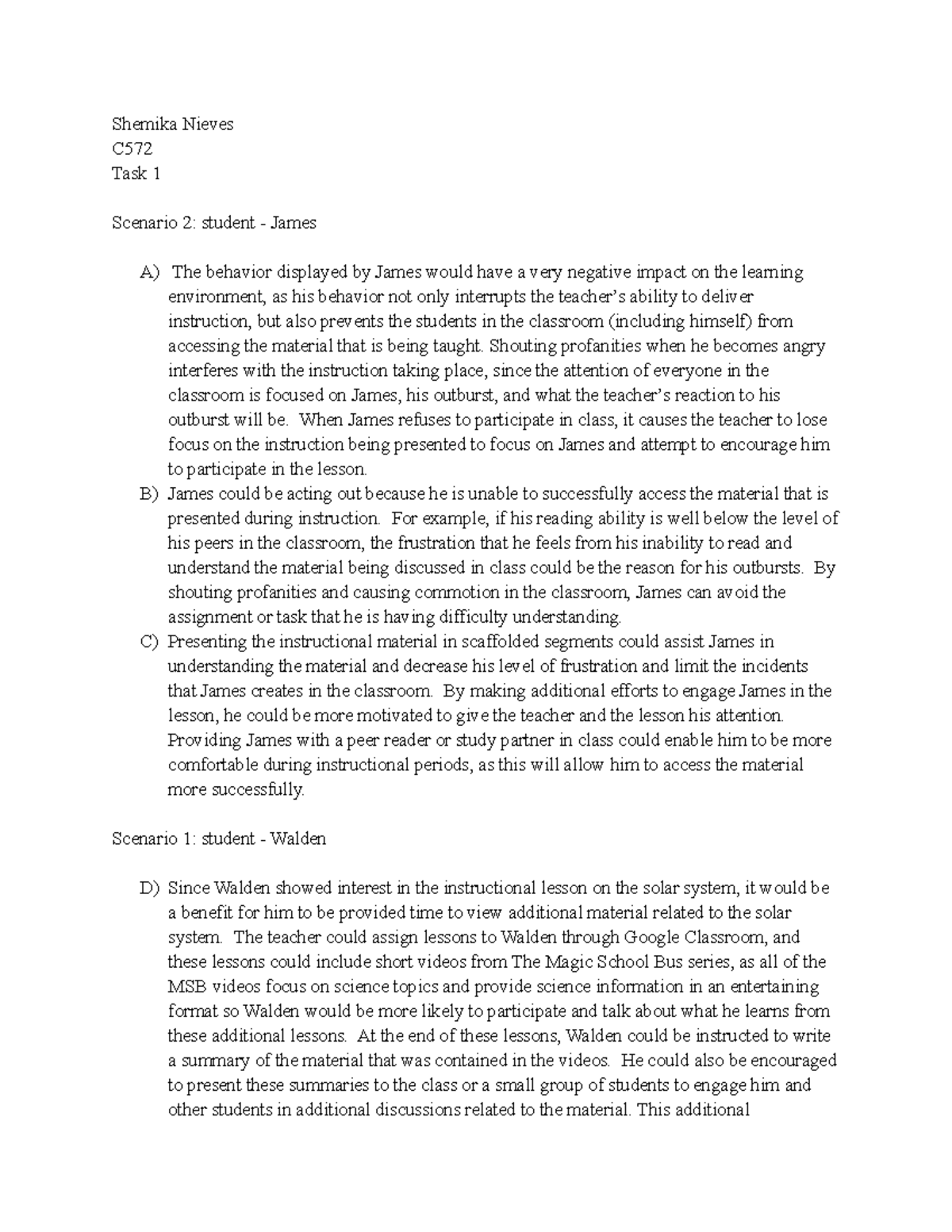 Task 1 C572 - classroom scenerios - Shemika Nieves C Task 1 Scenario 2 ...