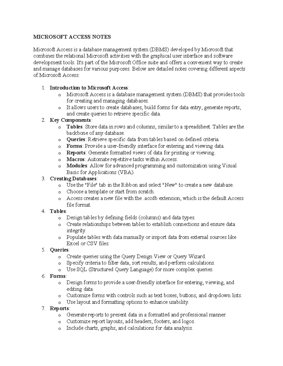 Microsoft Access Notes Microsoft Access Notes Microsoft Access Is A Database Management System