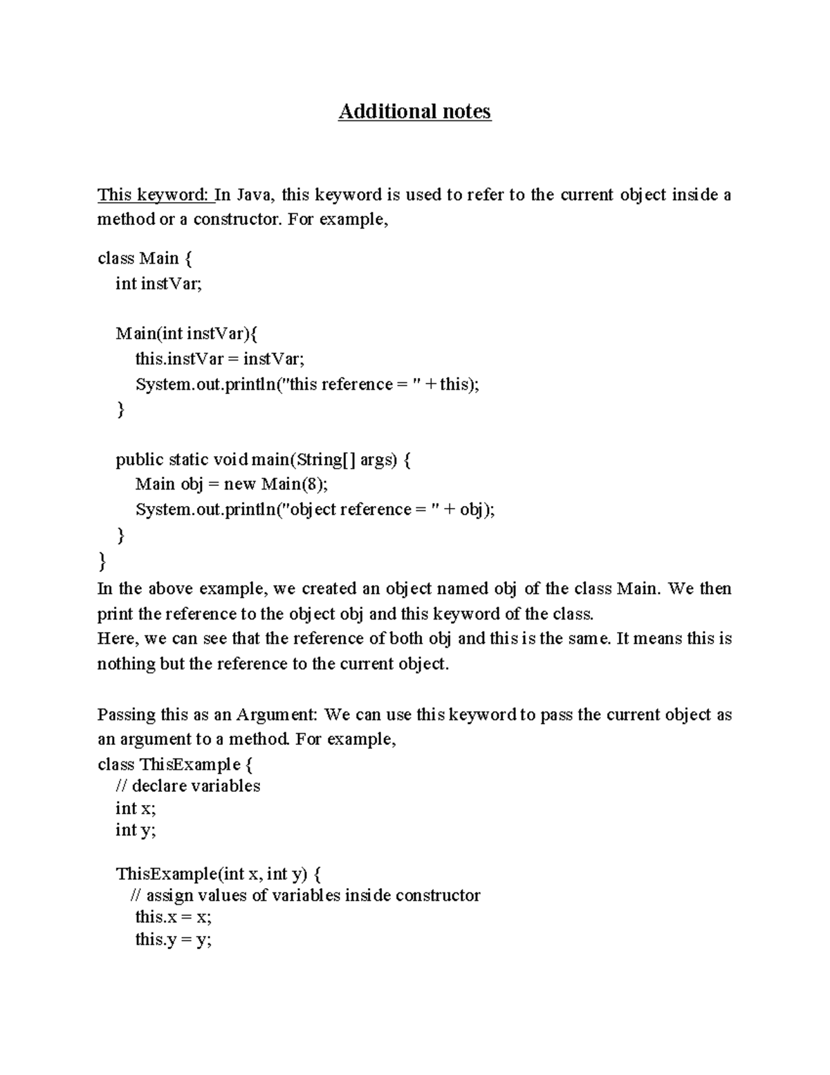 Combined UNIT 2 AND UNIT 3 - Additional notes This keyword: In Java ...