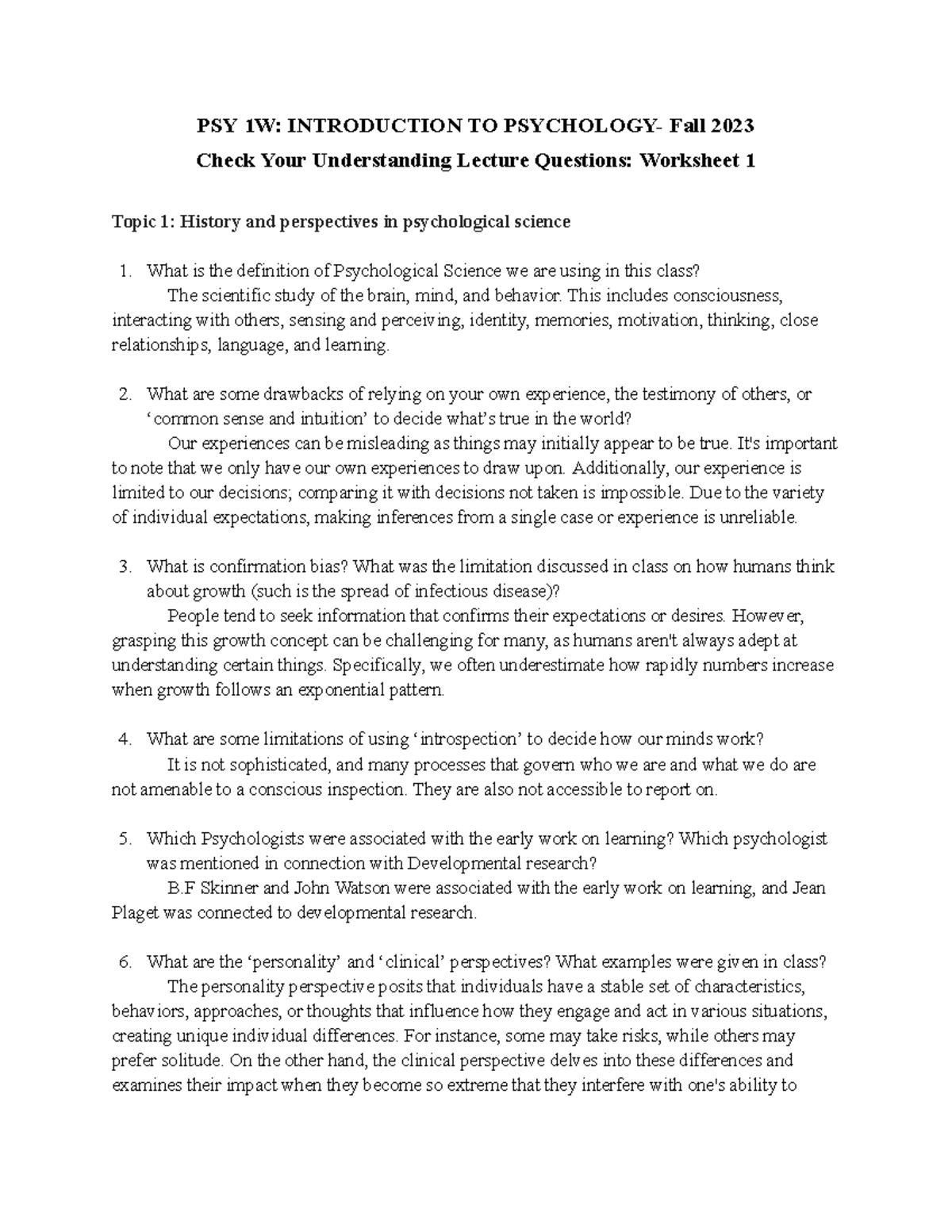 Check Your Understanding Worksheet 1 - PSY 1W: INTRODUCTION TO ...