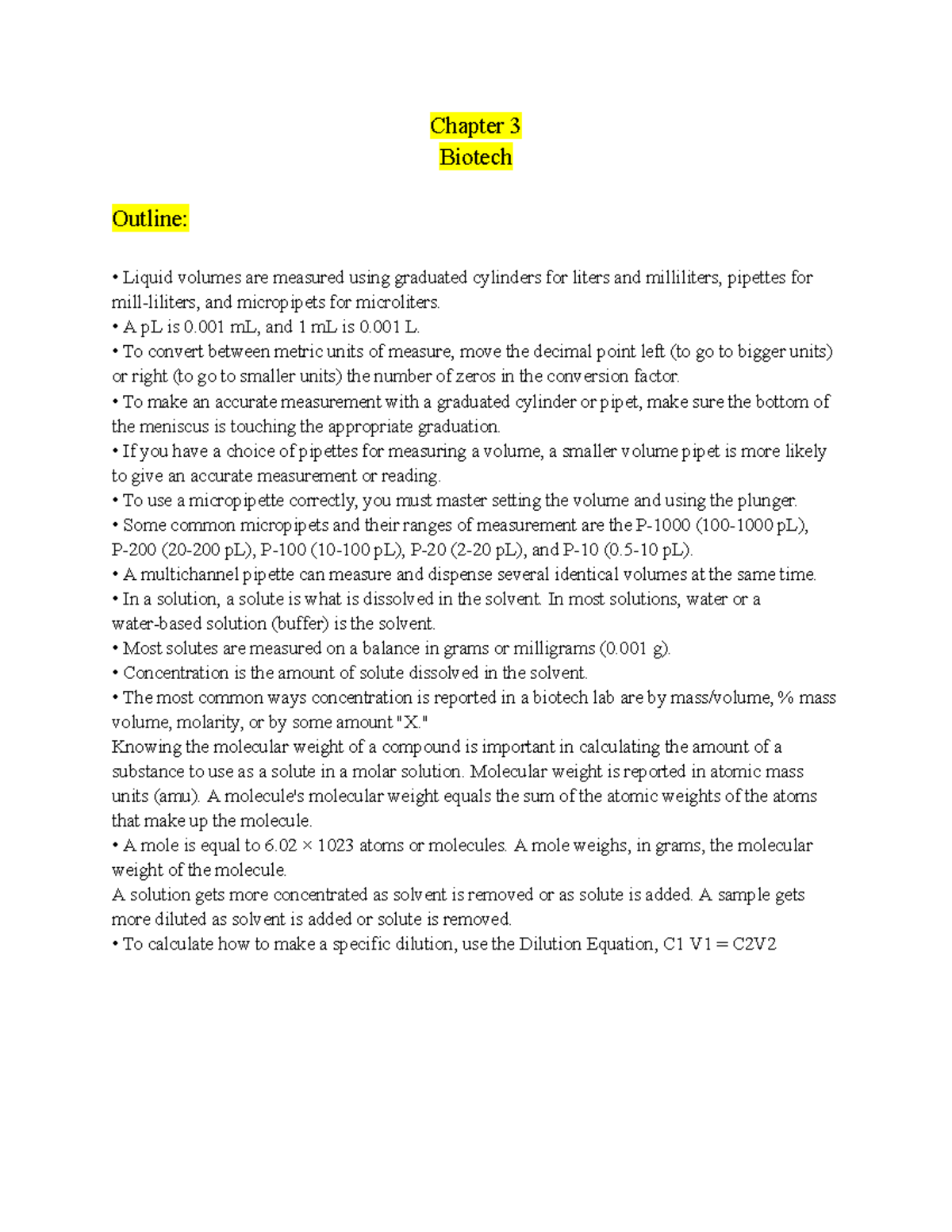 Chapter 3 - Chapter 3 Biotech Outline: • Liquid volumes are measured ...