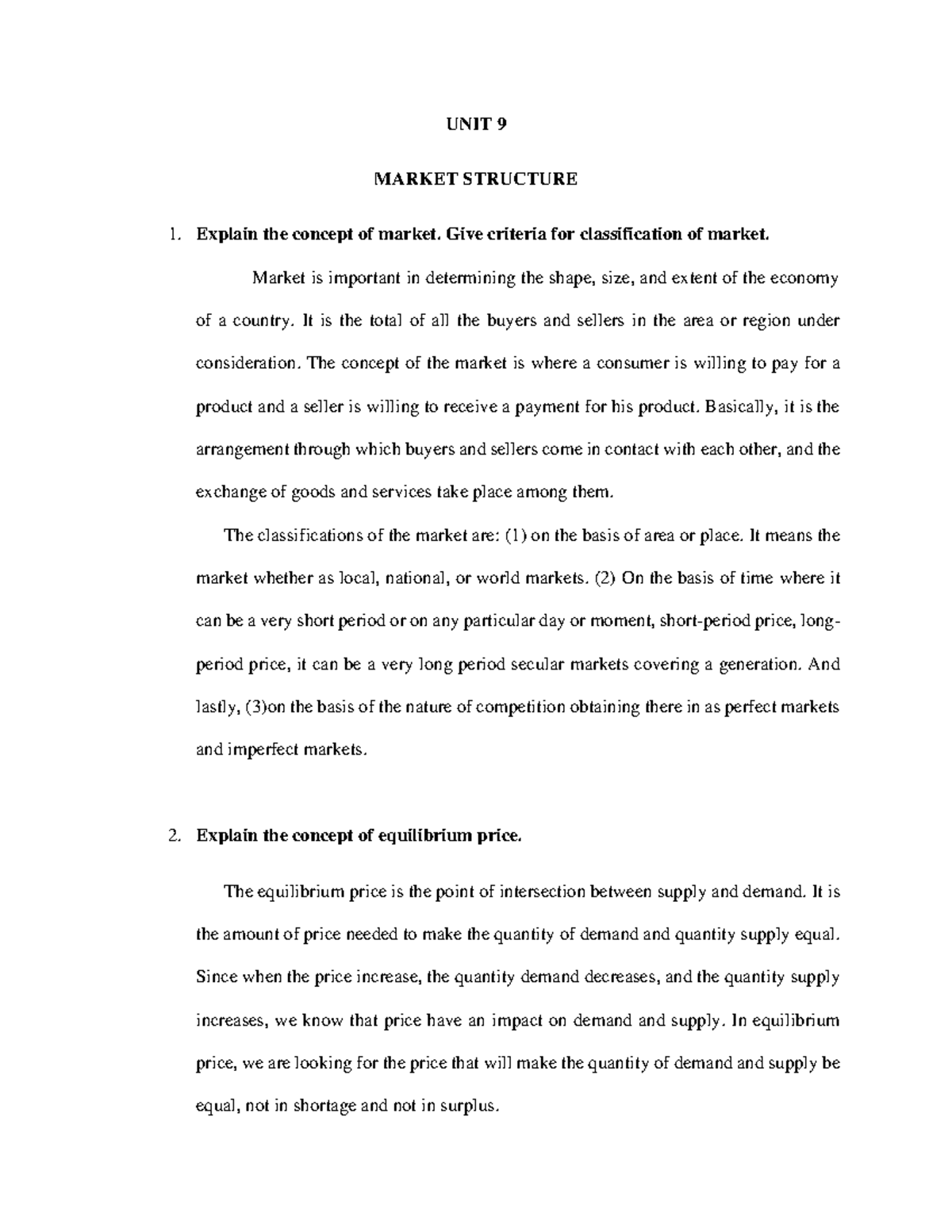 Managerial Economics Unit 9 - UNIT 9 MARKET STRUCTURE Explain the ...