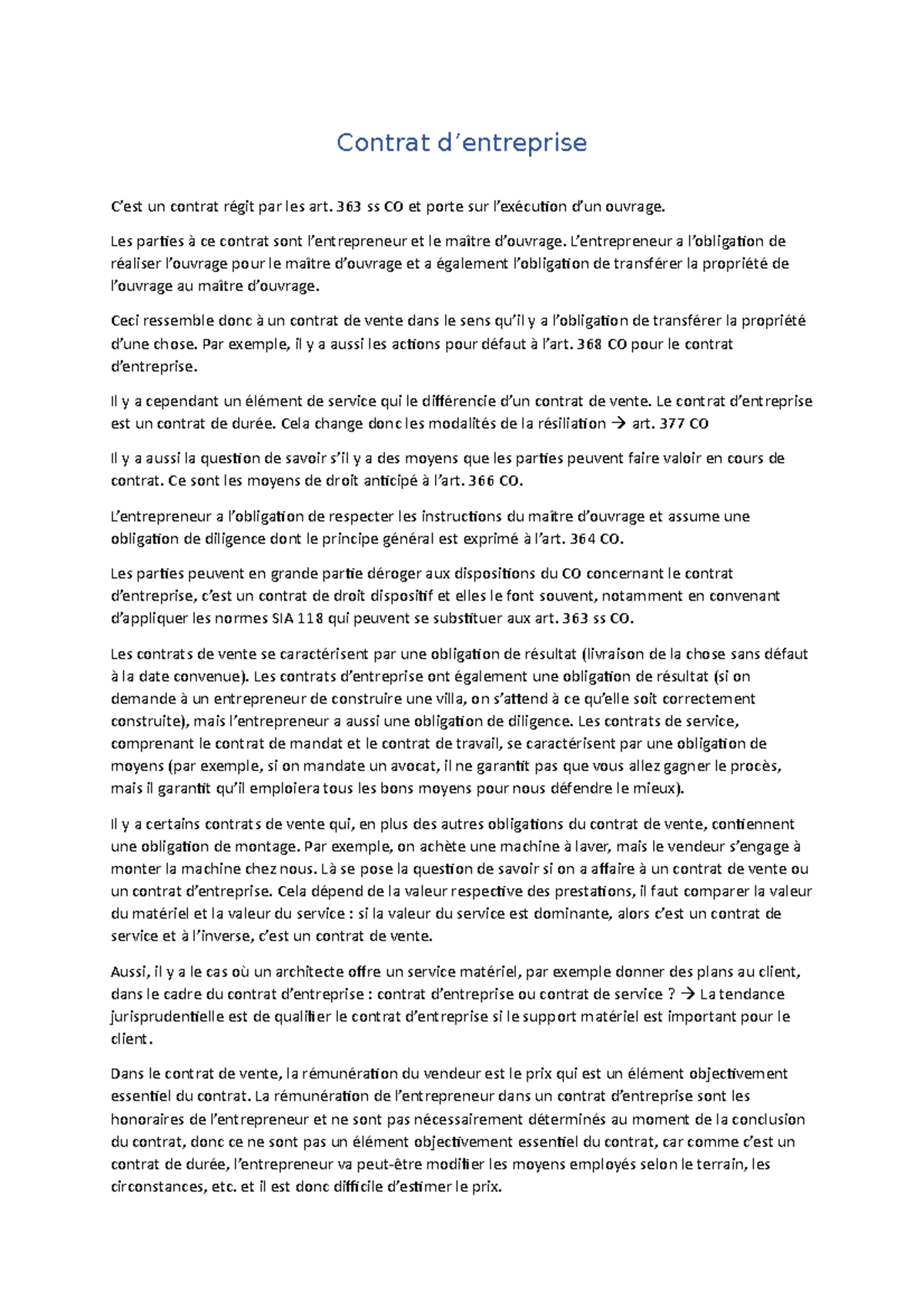 Théorie sur le Contrat d'entreprise - Cours Contrats spéciaux - Contrat ...