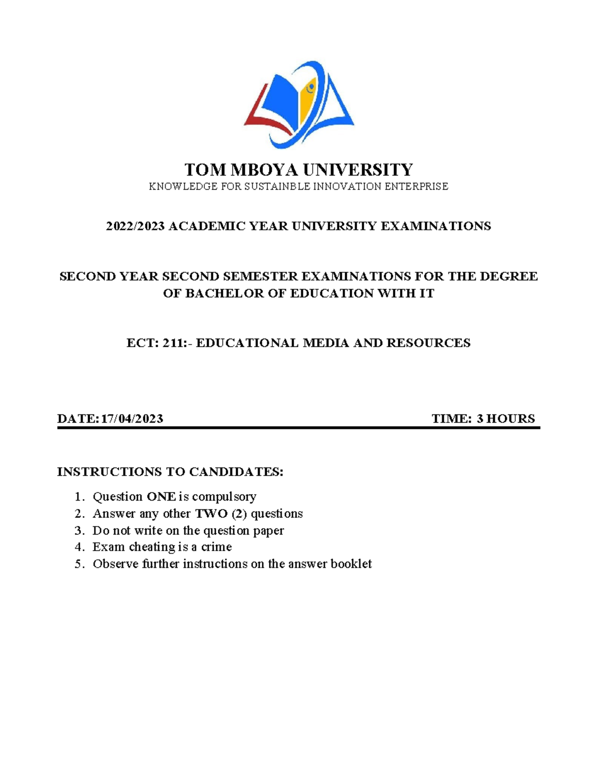 Second Semester ECT 211 EXAM - TOM MBOYA UNIVERSITY KNOWLEDGE FOR ...