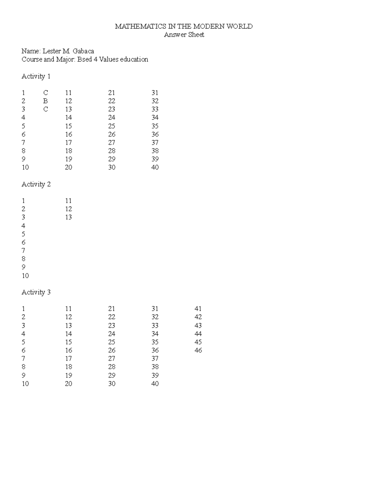 Answer Sheet Mathematics IN THE Modern World - management science ...