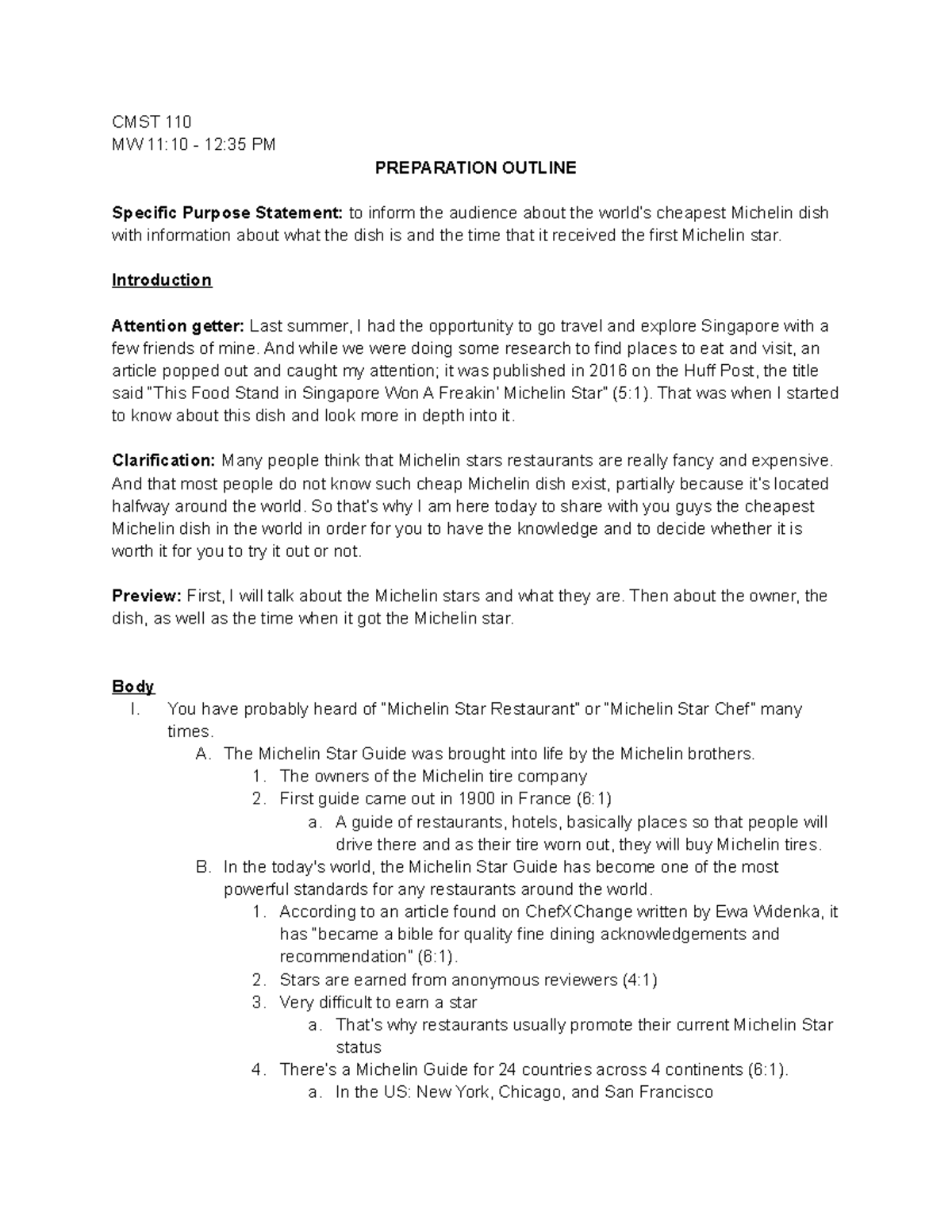 CMST110 Speech 2 Outline - CMST 110 MW 11:10 12:35 PM PREPARATION ...