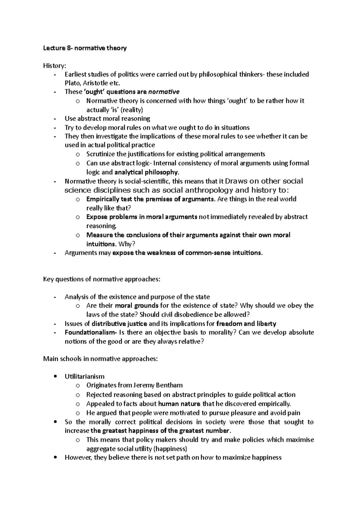 Normative theory notes - Lecture 8- normative theory History ...