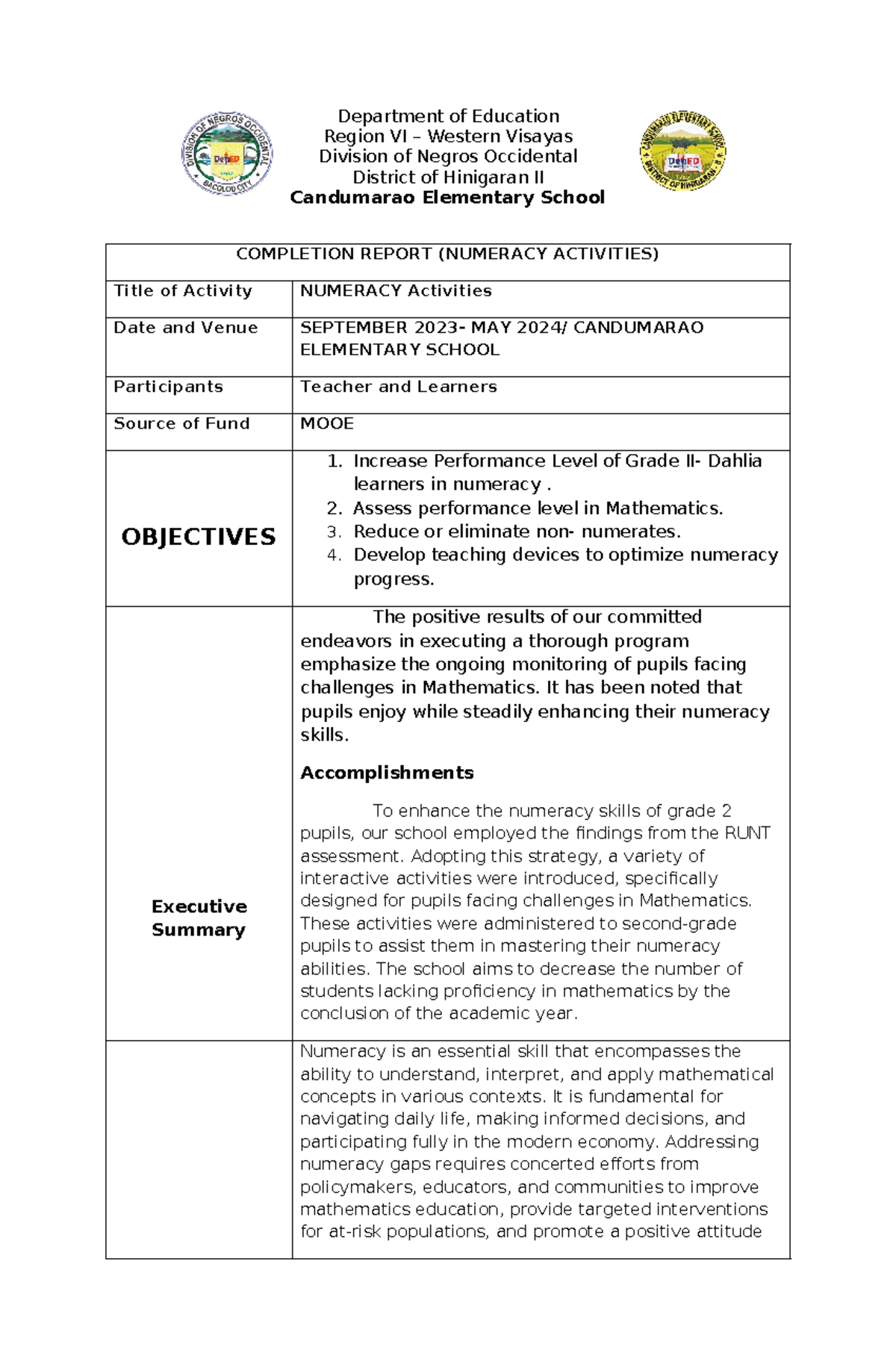 Completion Report IN Numeracy Grade 2 Dahlia - Department of Education ...