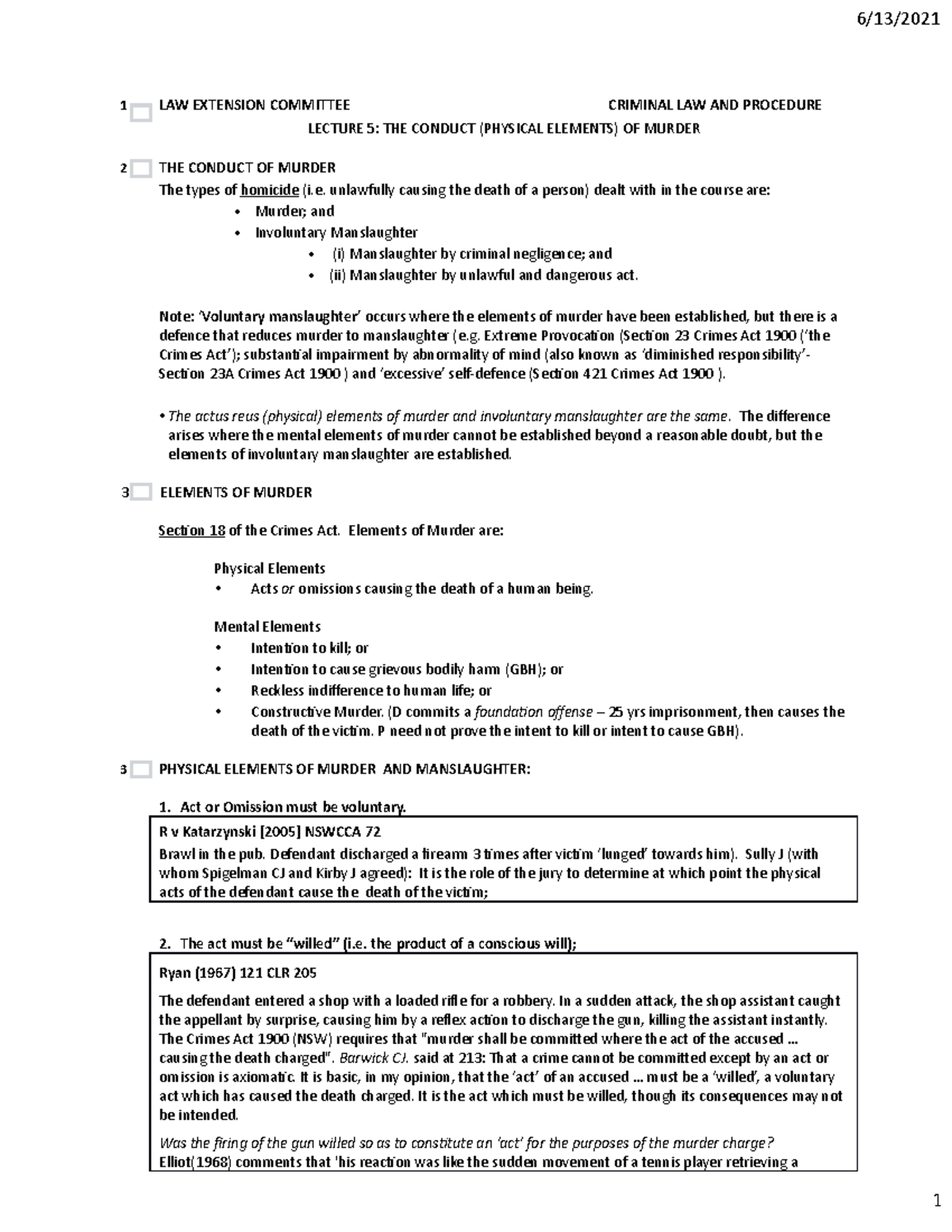 Offence - LECTURE 5: THE CONDUCT (PHYSICAL ELEMENTS) OF MURDER - 1 LAW ...