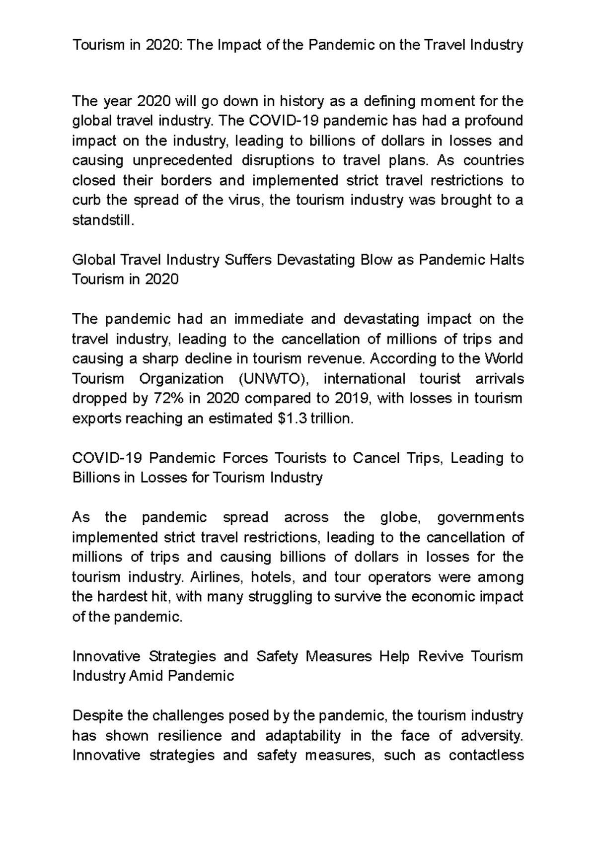 Tourism in 2020 The Impact of the Pandemic on the Travel Industry - The ...