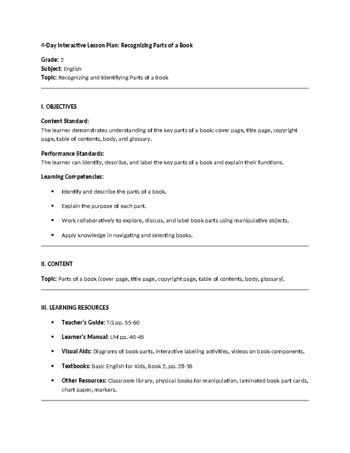 DLL Parts OF THE BOOK - 4-Day Interactive Lesson Plan: Recognizing ...